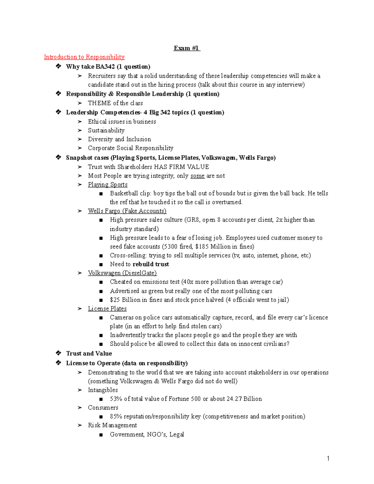 BA342 EXAM1- Content Outline - Exam # Introduction to Responsibility ...
