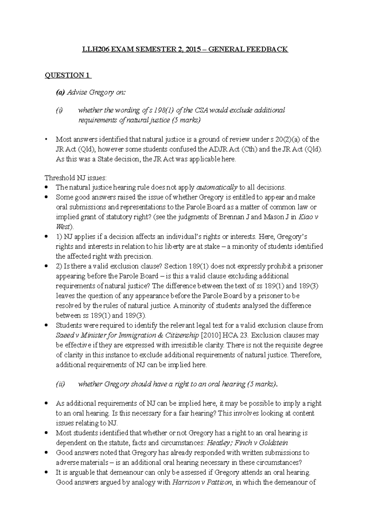 Feedback - LLH206 Exam Sem 2 2018 (Qs 1-3) (1) - LLH206 EXAM SEMESTER 2, 2015 – GENERAL FEEDBACK ...