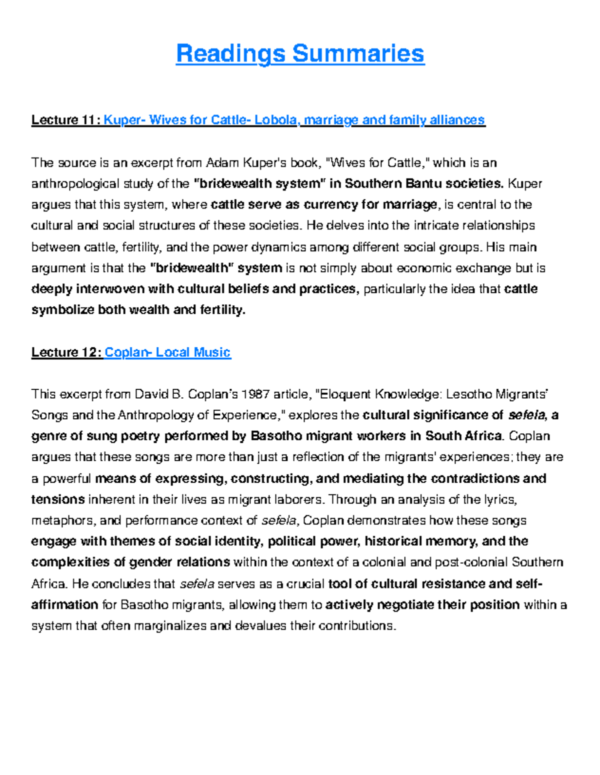 Anthropology 252 lecture summaries - Readings Summaries Lecture 11: Kuper- Wives for Cattle ...