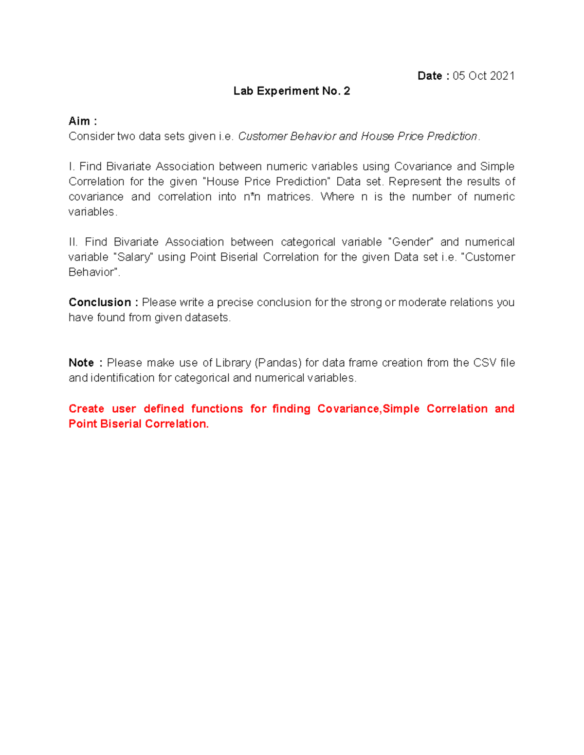 Lab Experiment No 2 - data science - Date : 05 Oct 2021 Lab Experiment ...