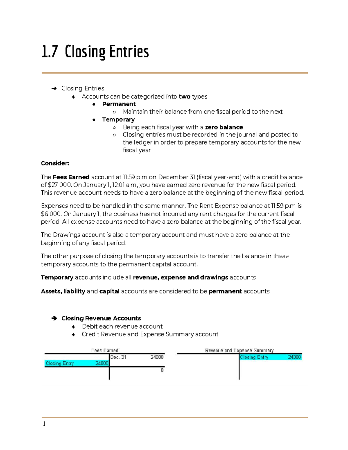 1 - Chapter 1 Subsection 7 Textbook + Class notes - 1 Closing Entries ...