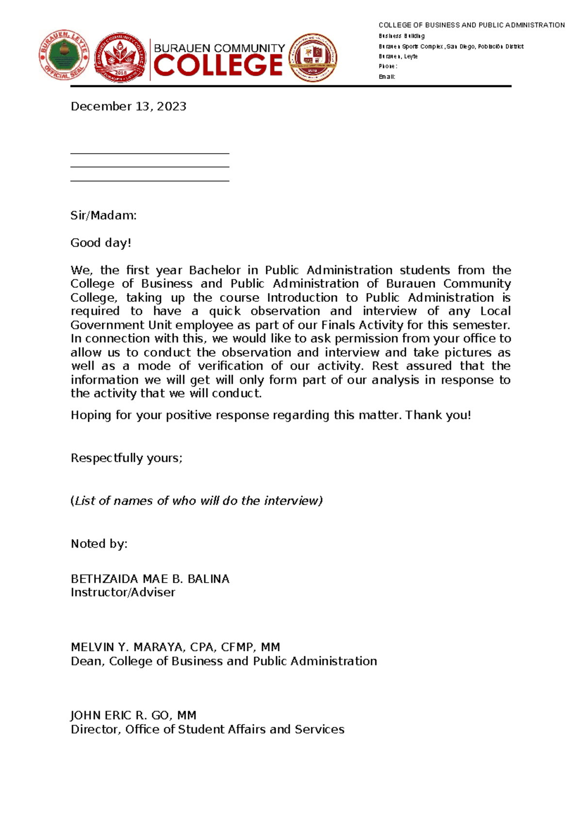 Request letter for Interview - COLLEGE OF BUSINESS AND PUBLIC ...