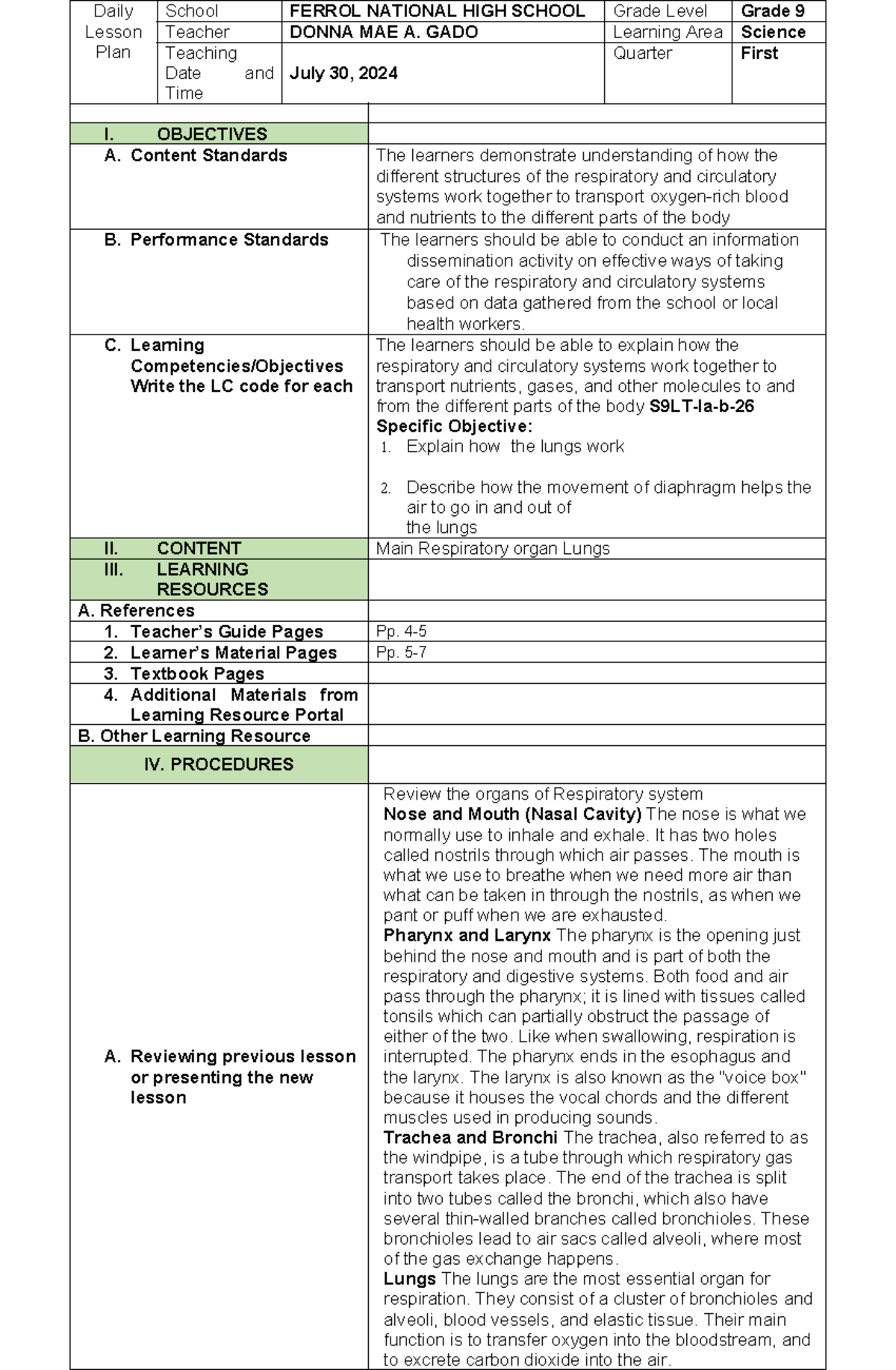 science and health - Daily Lesson Plan School FERROL NATIONAL HIGH ...