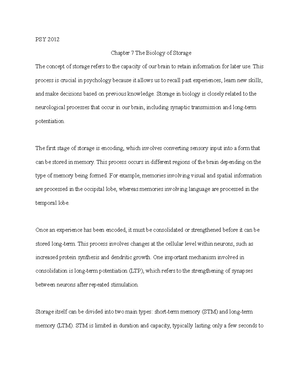 Chapter 7 The Biology of Storage - PSY 2012 Chapter 7 The Biology of ...