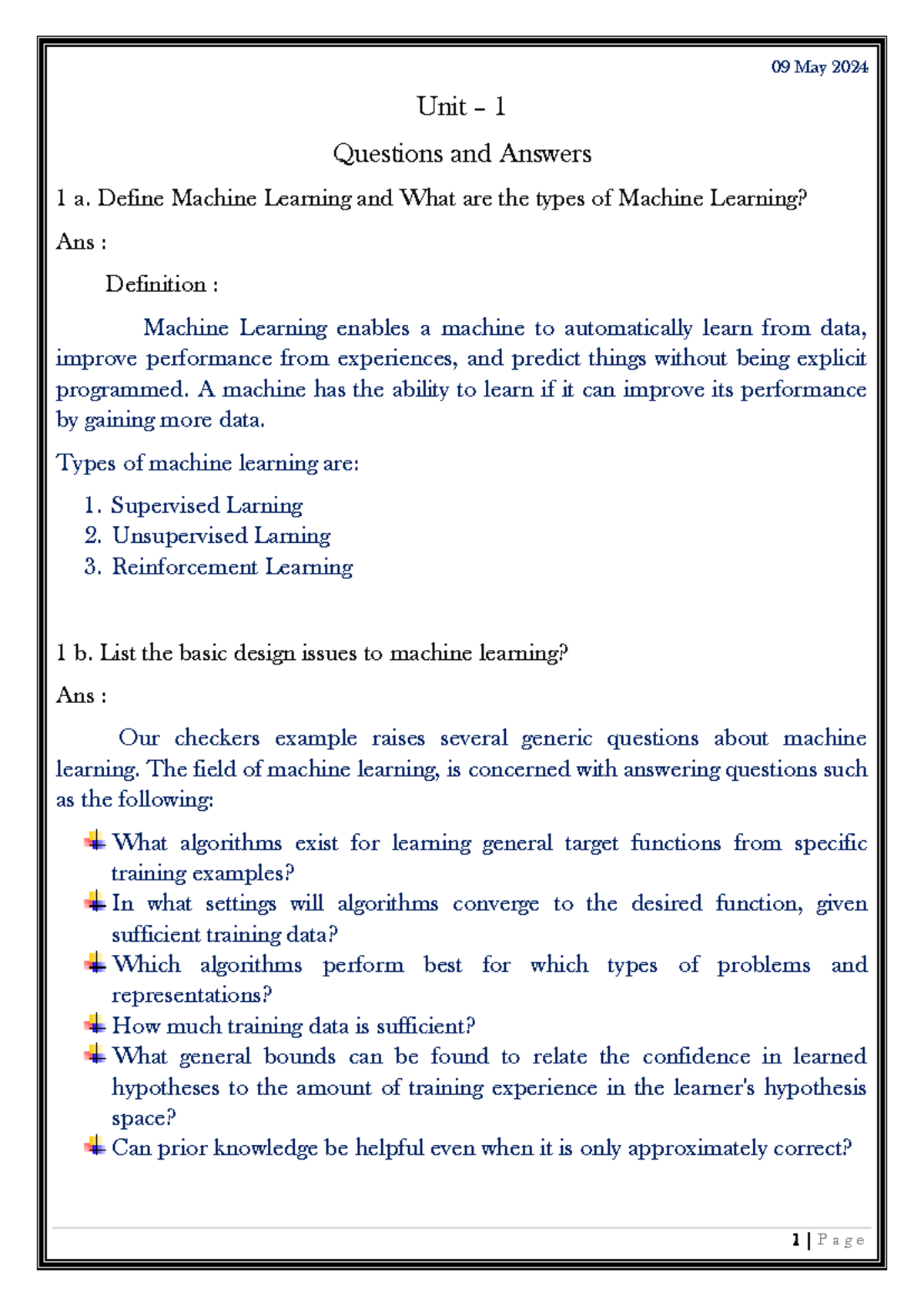 Unit 1 Questions And Answers - 09 May 2024 Unit – 1 Questions and Answers 1 a. Define Machine ...