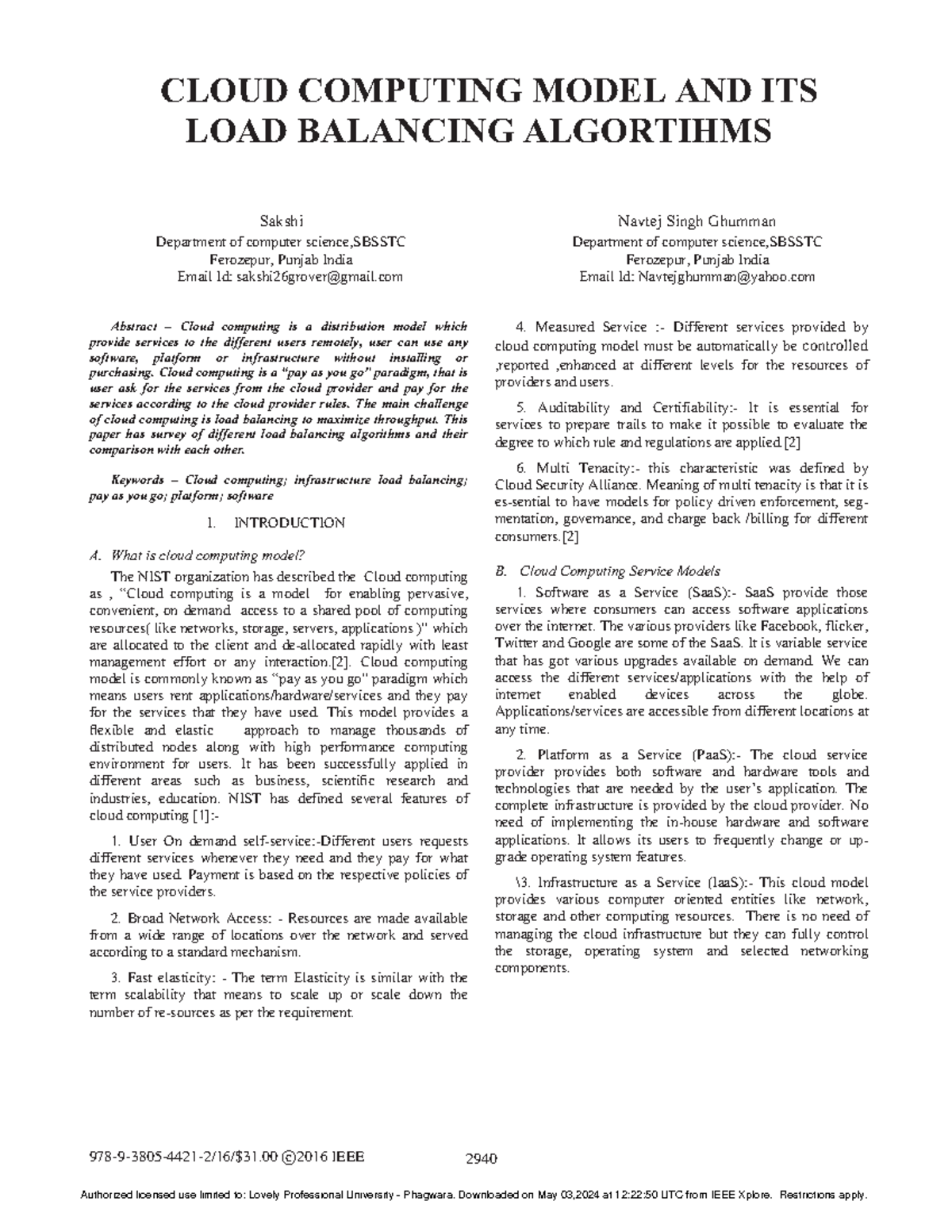 Cloud computing model and its load balancing algortihms - 2016 3rd ...