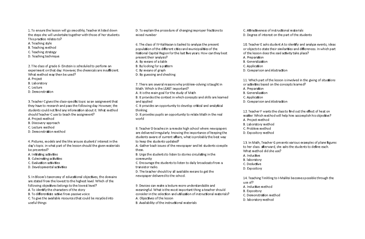 Prof ed 1,2,3 - random questions - To ensure the lesson will go ...