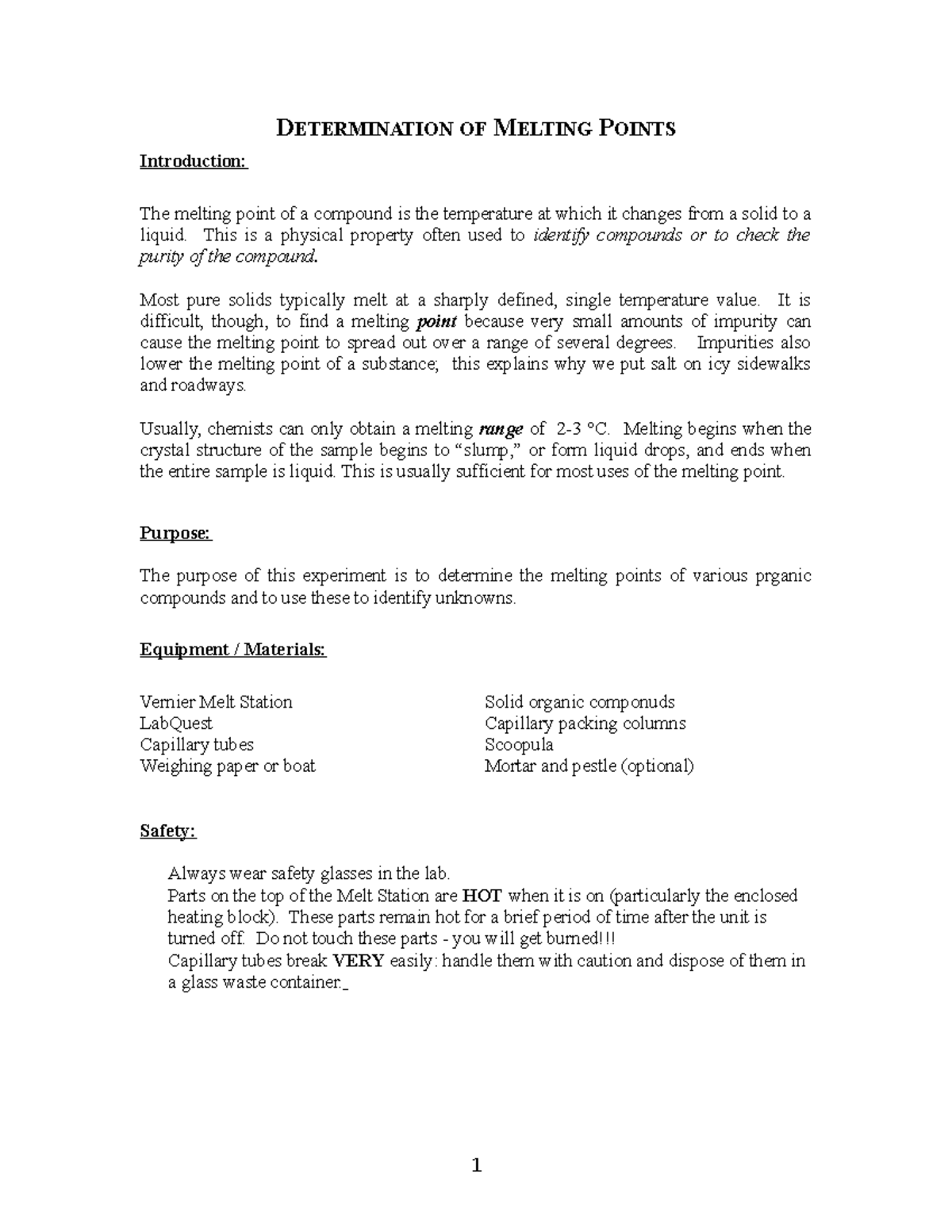 Determination of mp vernier melt stationsdoc - DETERMINATION OF MELTING ...