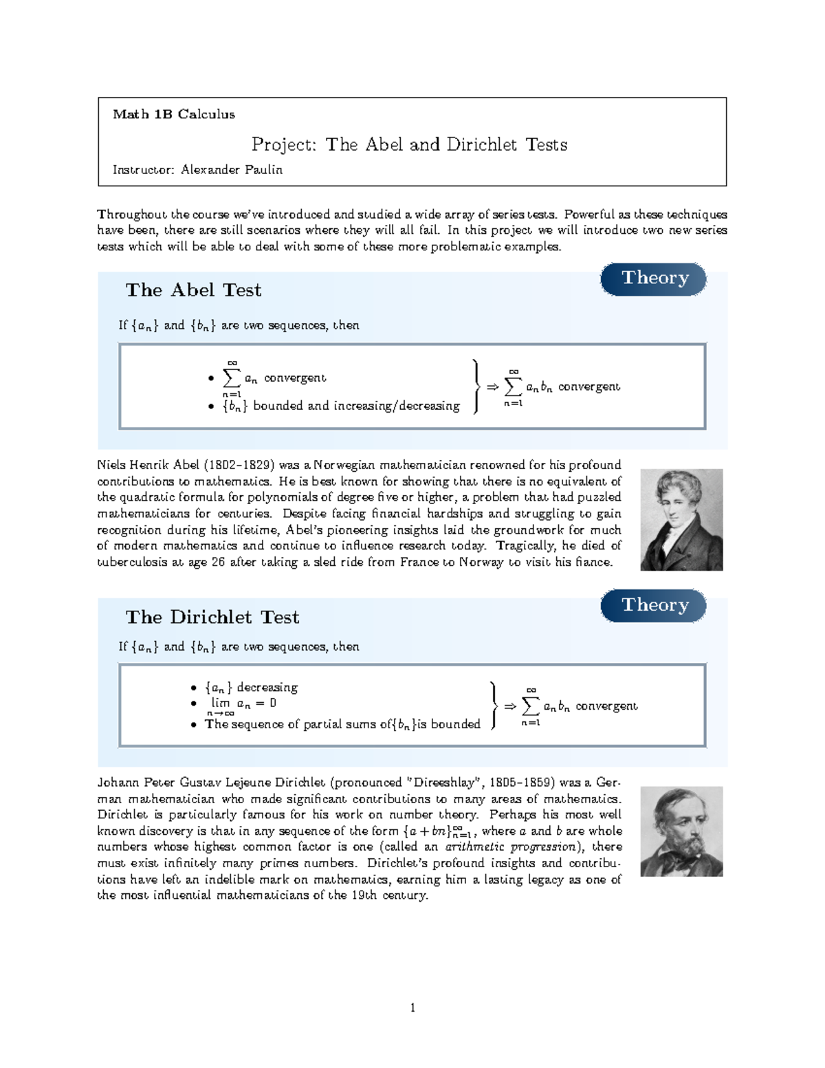Project Abel and Dirichlet Tests - Math 1B Calculus Project: The Abel ...