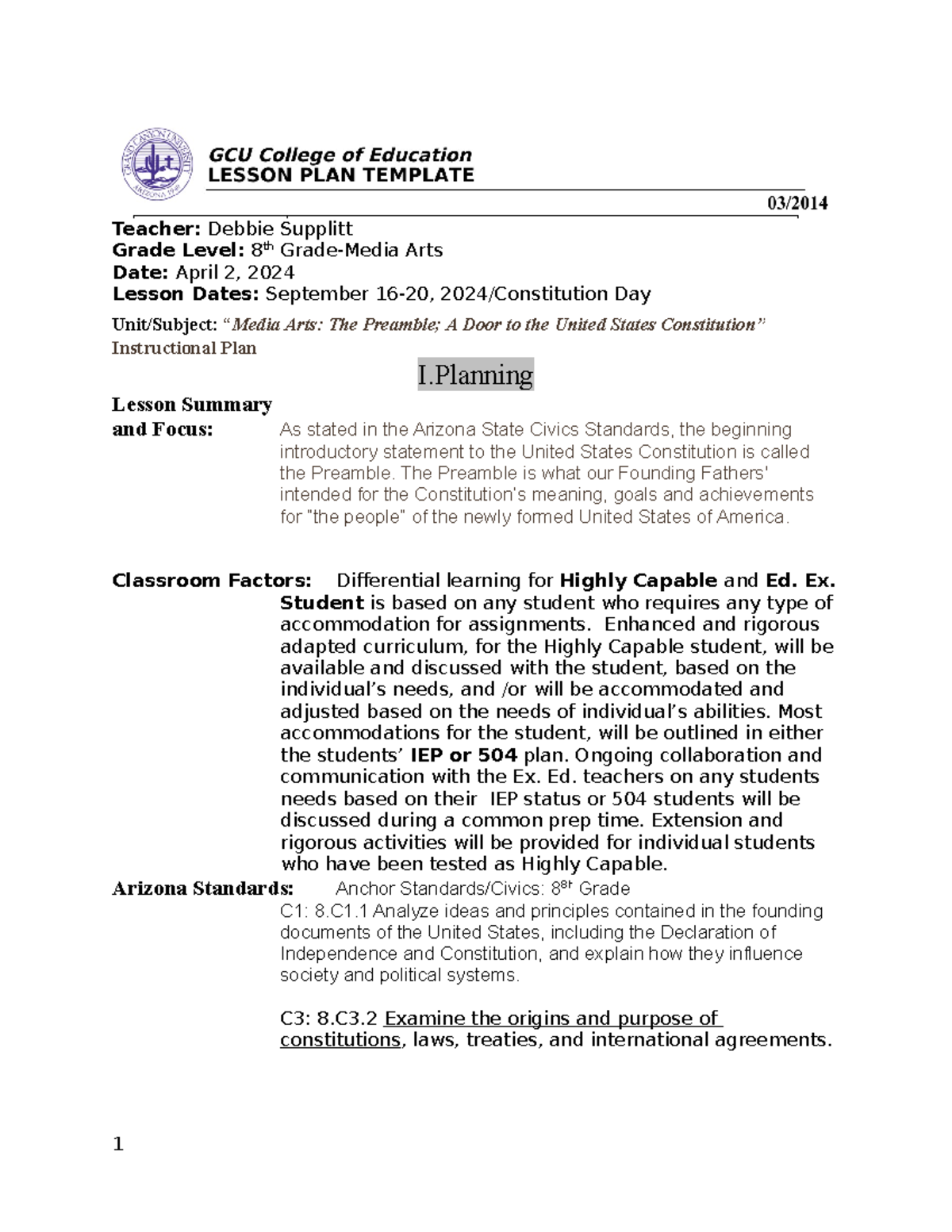 *Lesson Plan Media Arts and Civics - Teacher: Debbie Supplitt Grade ...