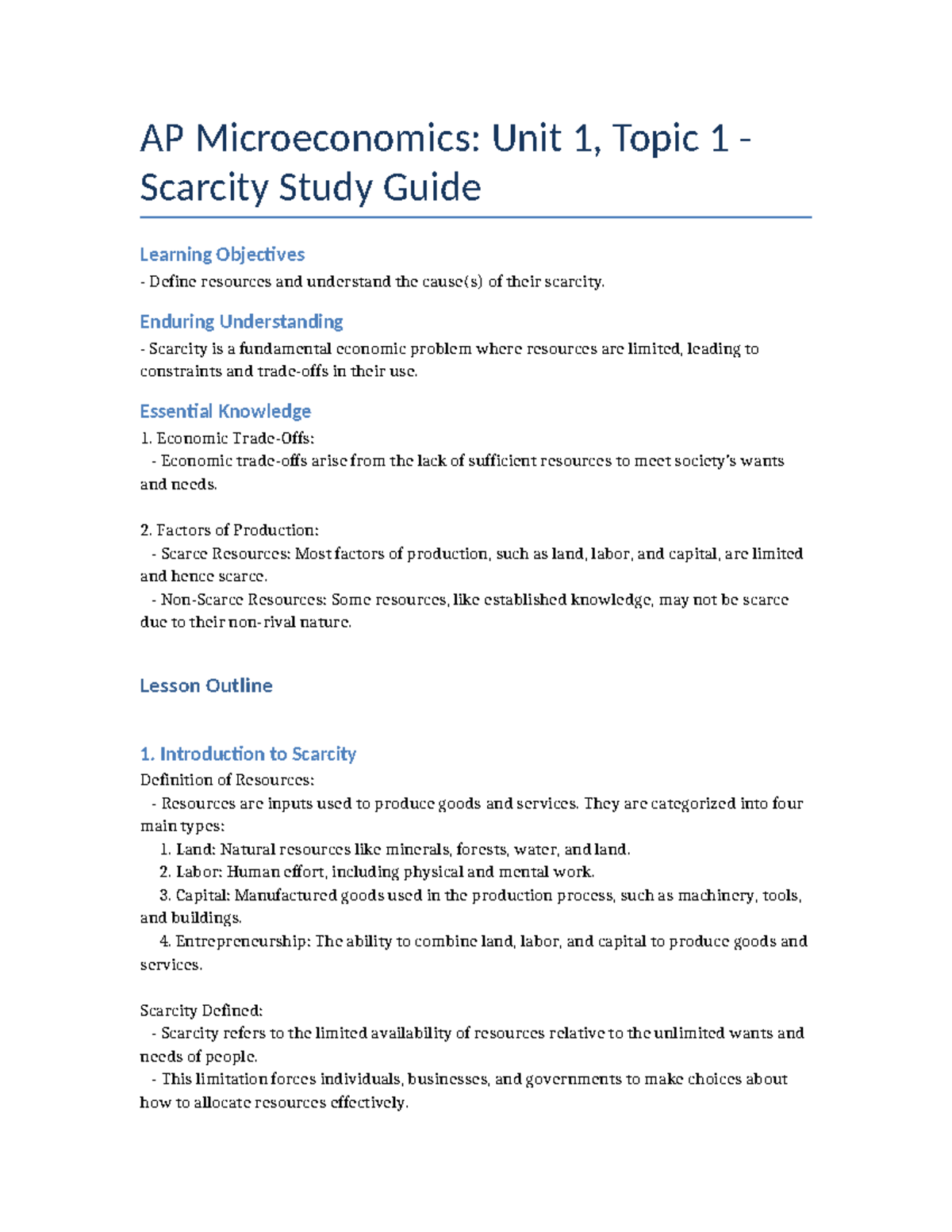 AP Microeconomics Unit 1 Topic 1 Scarcity Study Guide Full - AP ...