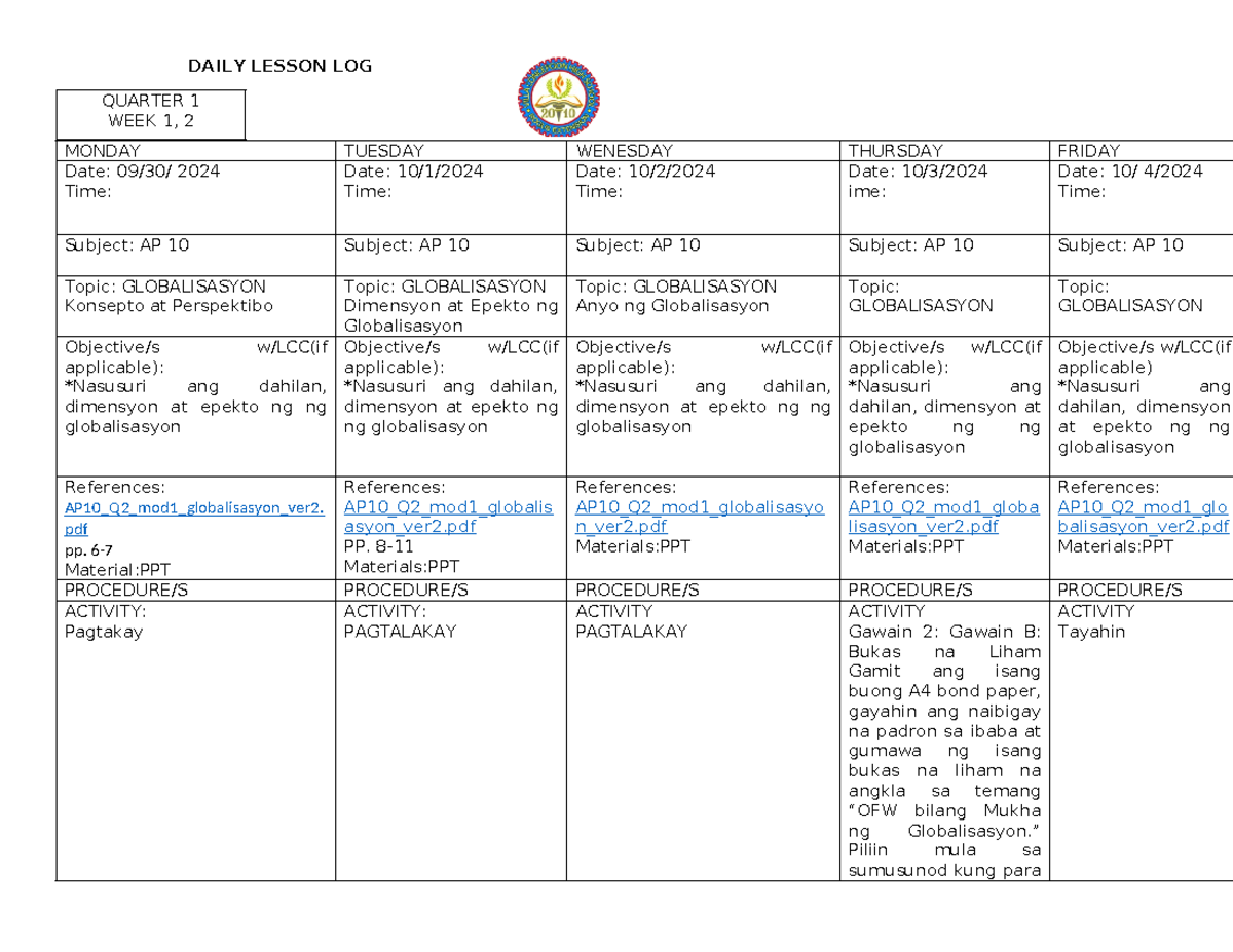 DLL week 1 - DLL - DAILY LESSON LOG QUARTER 1 WEEK 1, 2 MONDAY TUESDAY ...