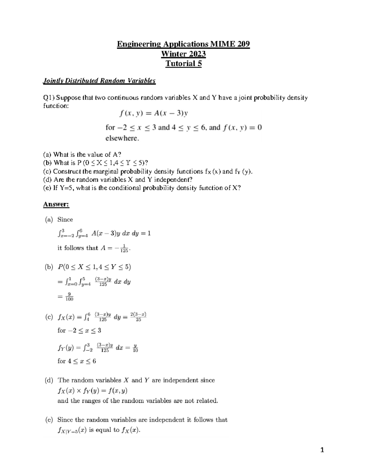 Tutorial 5 Solution Updated - Engineering Applications MIME 209 Winter 2023 Tutorial 5 Jointly ...