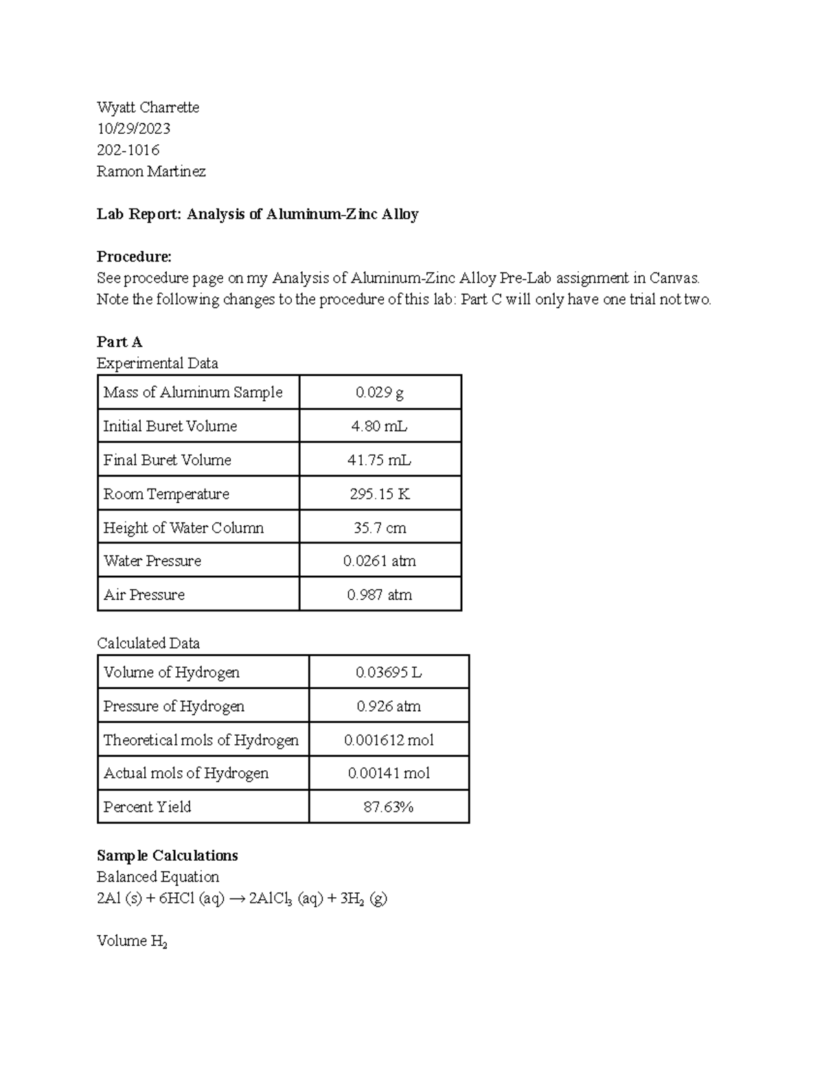 Analysis OF Aluminum ZINC Alloy - Wyatt Charrette 10/29/ 202- Ramon ...