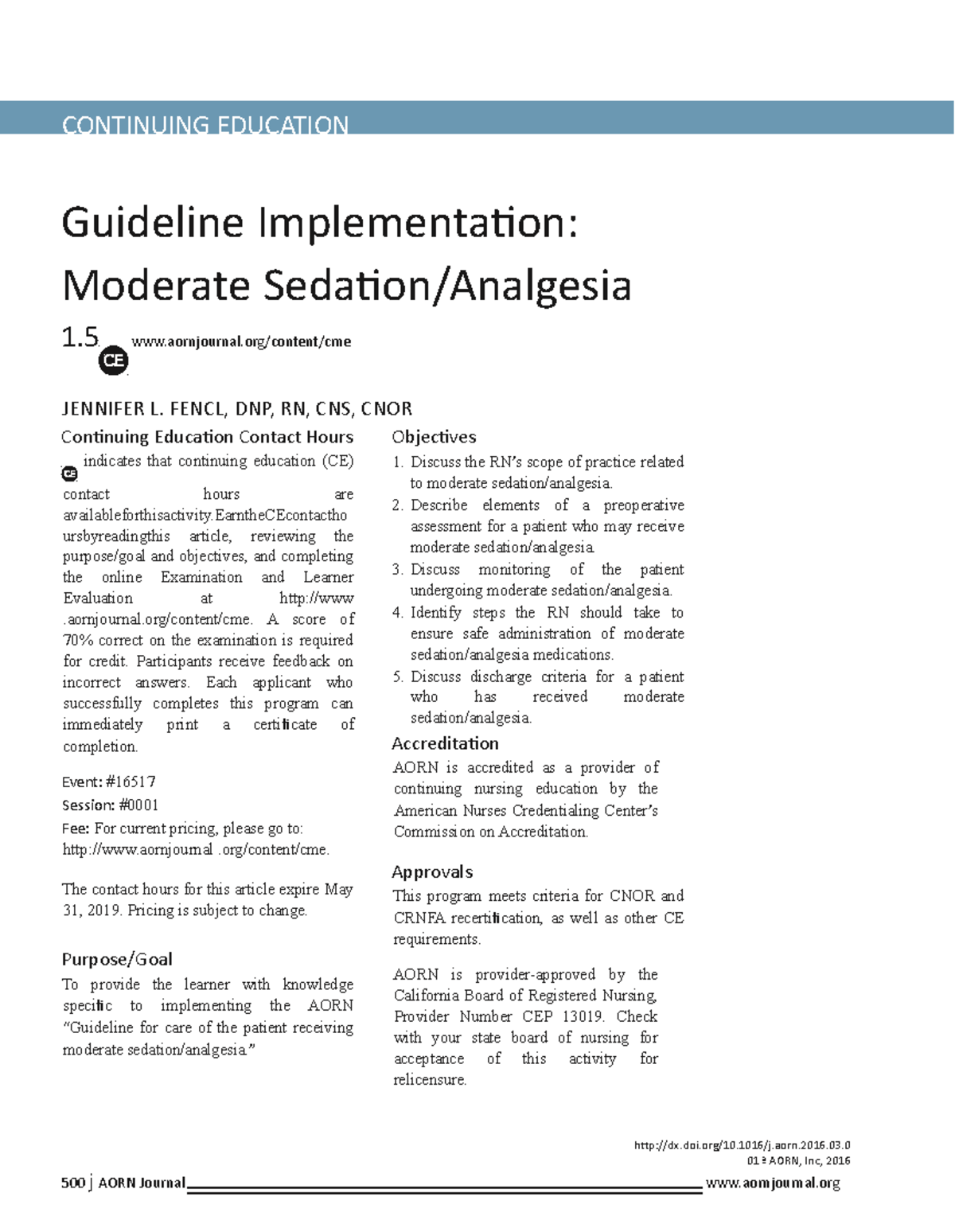 2016 Guideline Implementation moderate sedation analgesia - CONTINUING ...