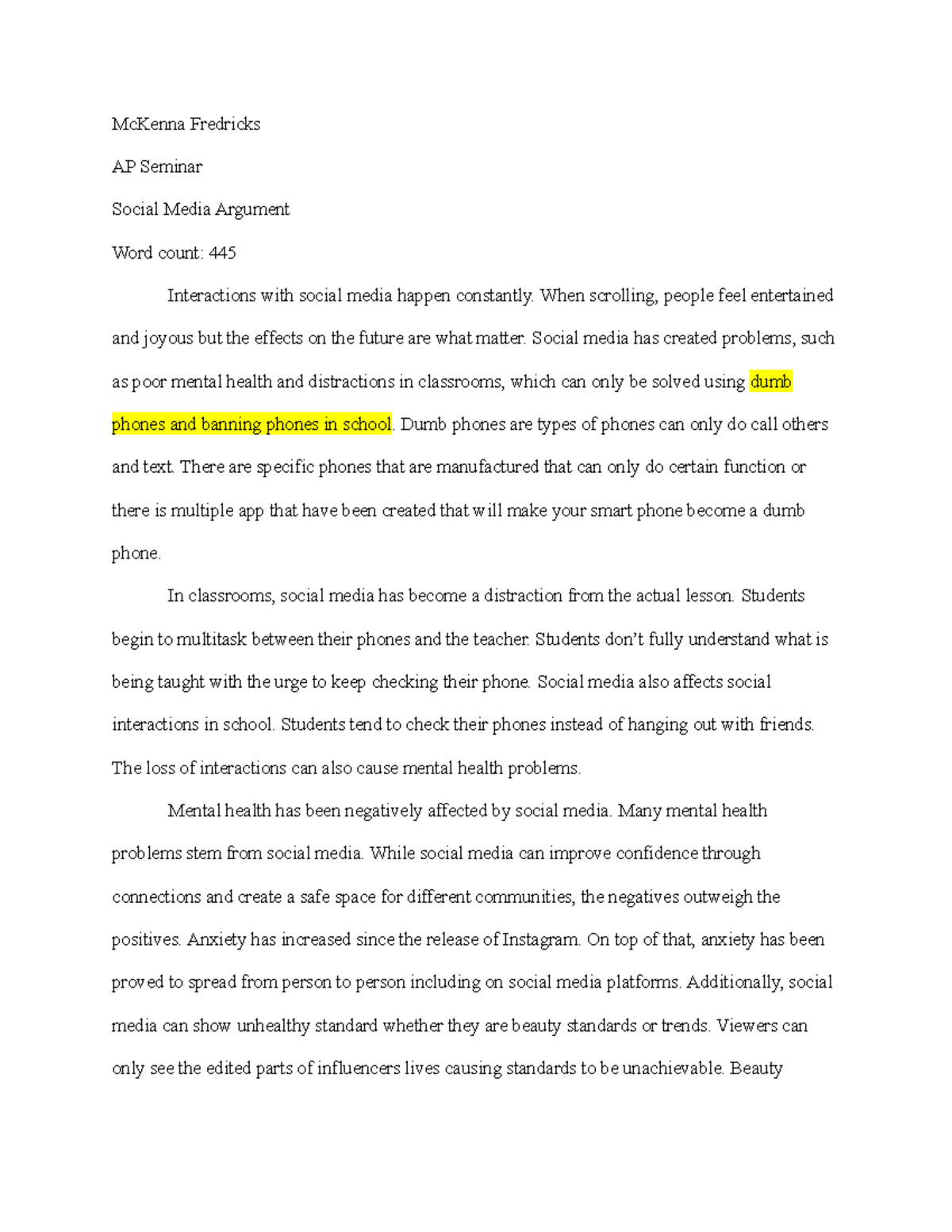Social Media Argument - good - McKenna Fredricks AP Seminar Social ...