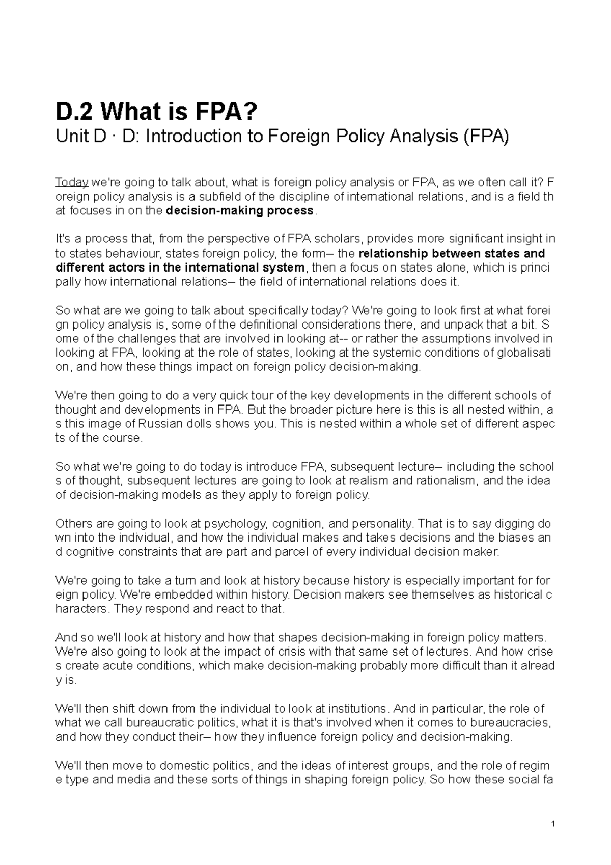Week 1 Moodle - Summary - D What is FPA? Unit D · D: Introduction to Foreign Policy Analysis ...