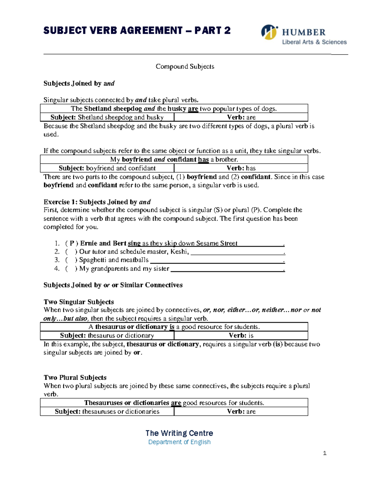 Subject VERB Agreement PART 2 - The Writing Centre Department of ...