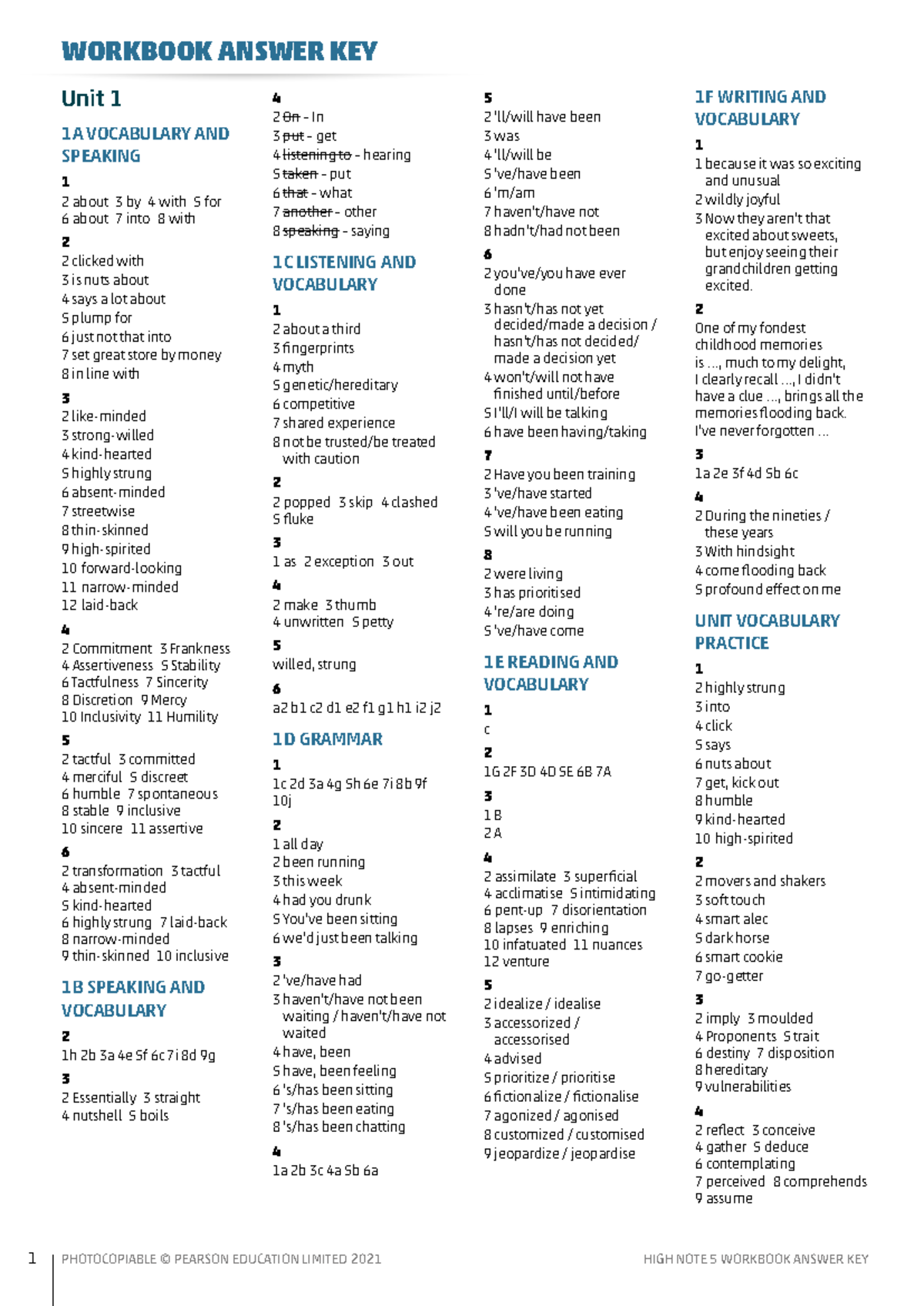 high note 5 workbook answer key - Unit 1 1A VOCABULARY AND SPEAKING 1 2 ...