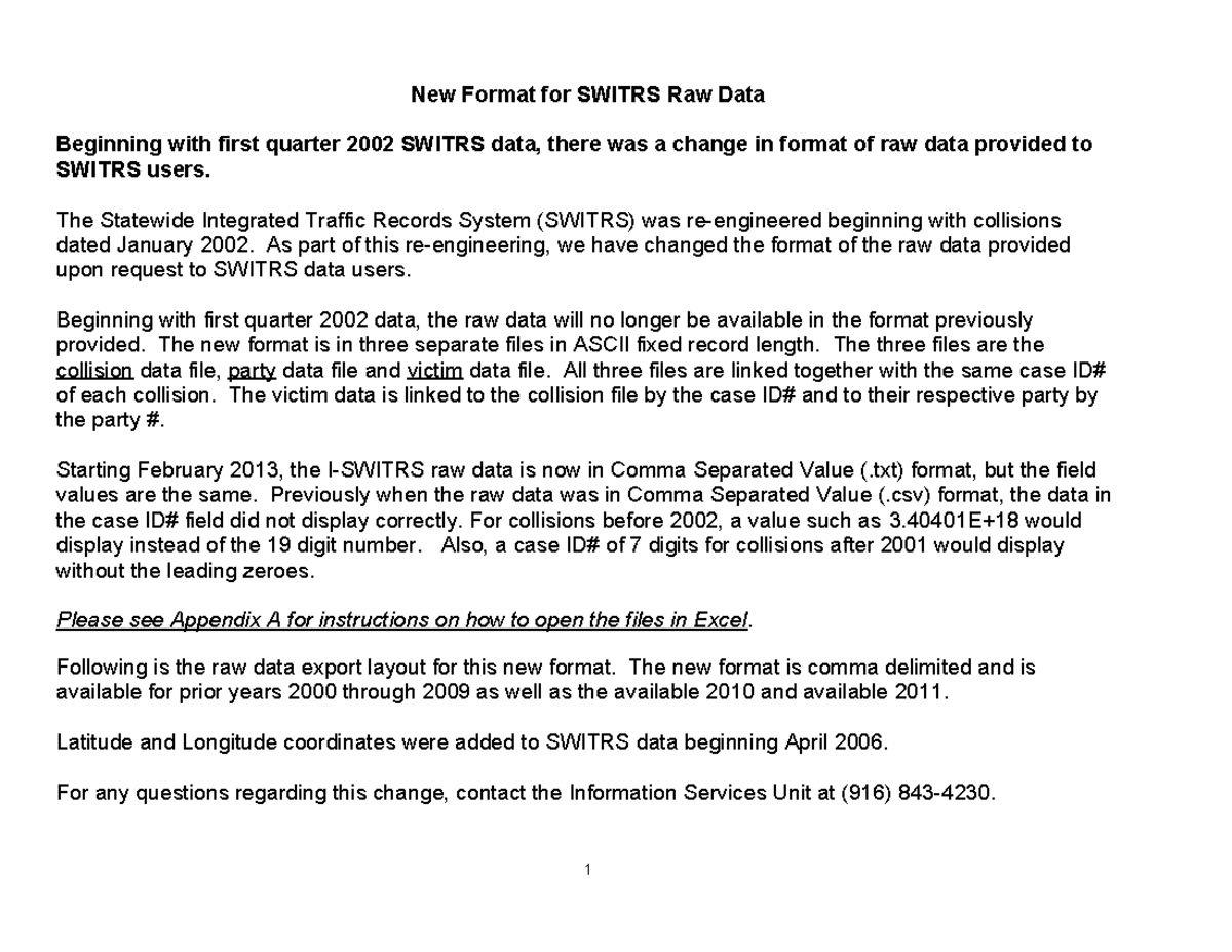 Raw Data template - New Format for SWITRS Raw Data Beginning with first ...