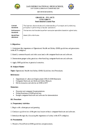 Lesson Plan on OSH - GRADE 11 – TVL (ICT) (CSS CORE 1) Semi-detailed ...
