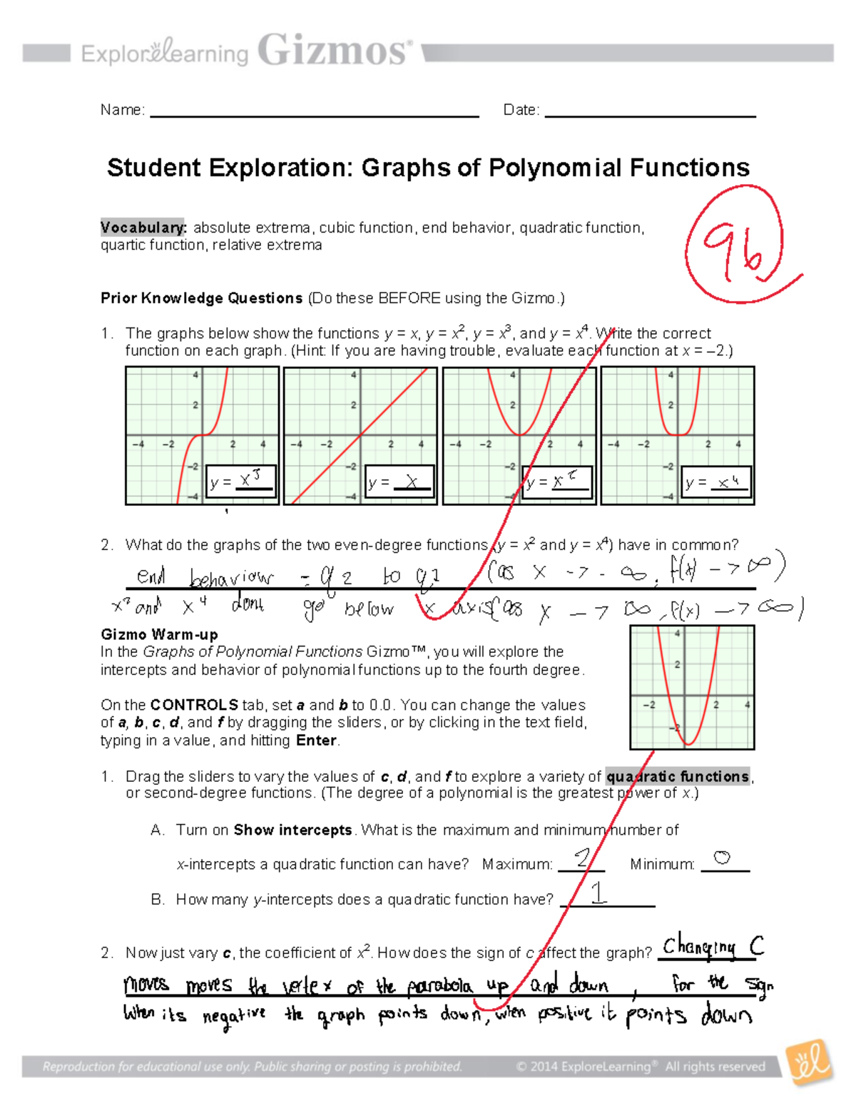 Simulation 1, exploring polynomial functions - Name: Date: Student Exploration: Graphs of ...