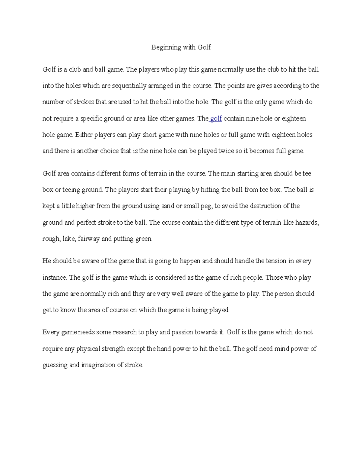 Beginning with Golf - Its 100% - Beginning with Golf Golf is a club and ...