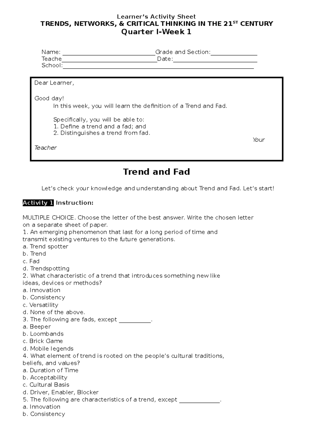 Trends, Network ALMs Week 1 - Name: Grade and Section: - Studocu