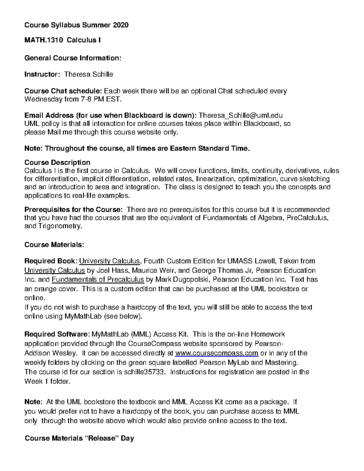 Online calc 1 syllabus - Course Syllabus Summer 2020 MATH Calculus I ...