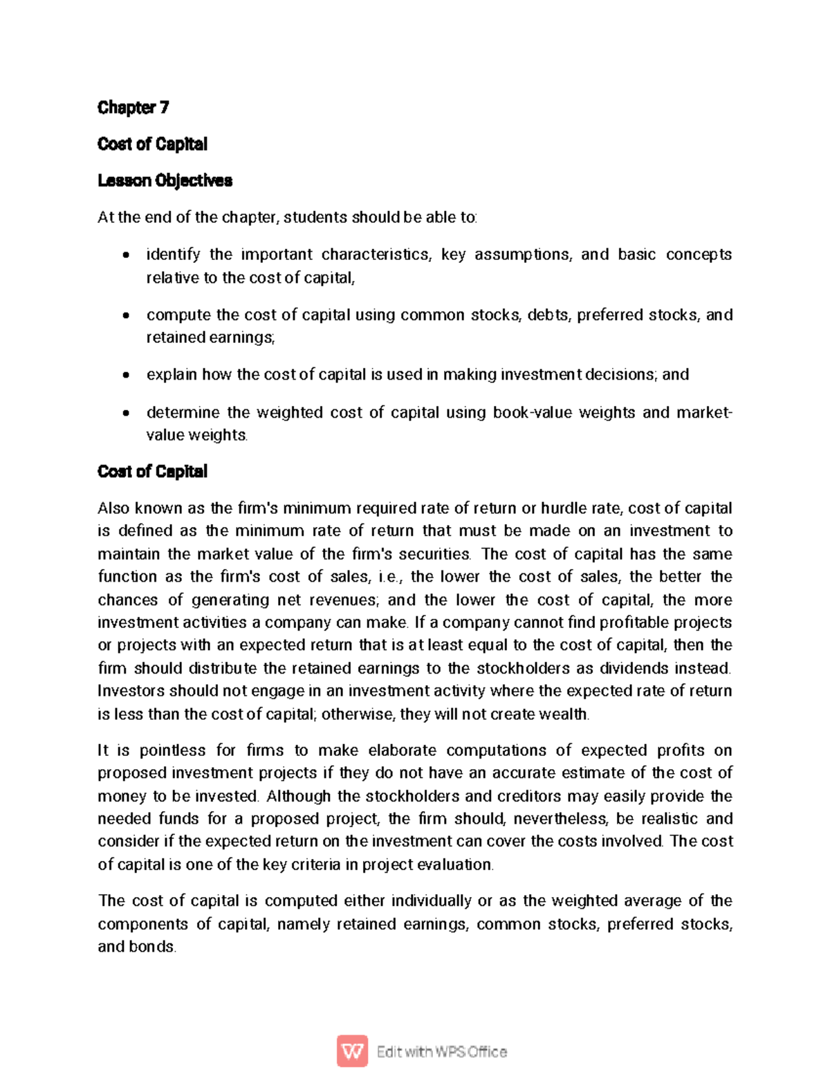 Chapter 7 - Financial Management Part II - Chapter 7 Cost of Capital ...