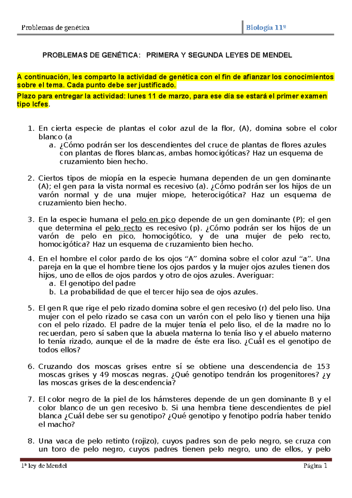 Trabajo Leyes DE Mendel - PROBLEMAS DE GENÉTICA: PRIMERA Y SEGUNDA ...