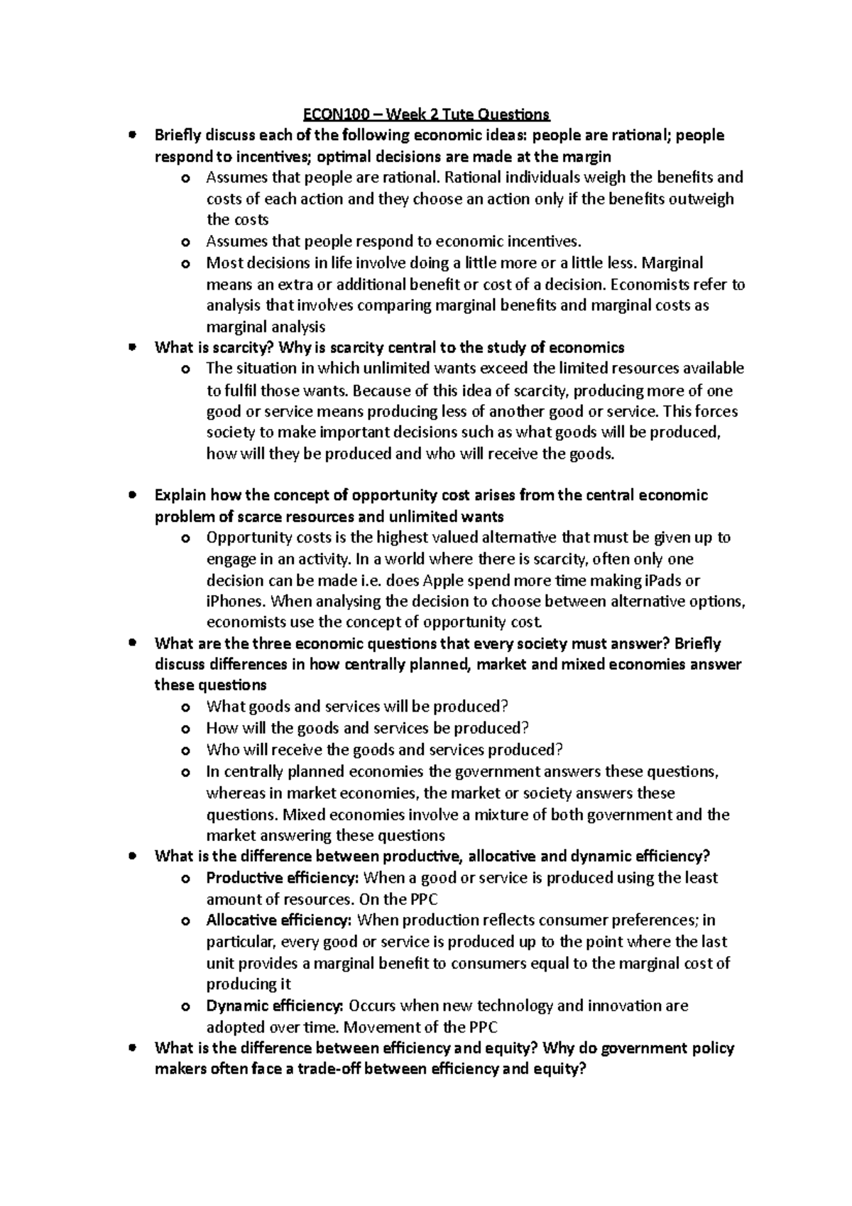 ECON100 - Week 2 Tute Questions - ECON100 – Week 2 Tute Questions ...