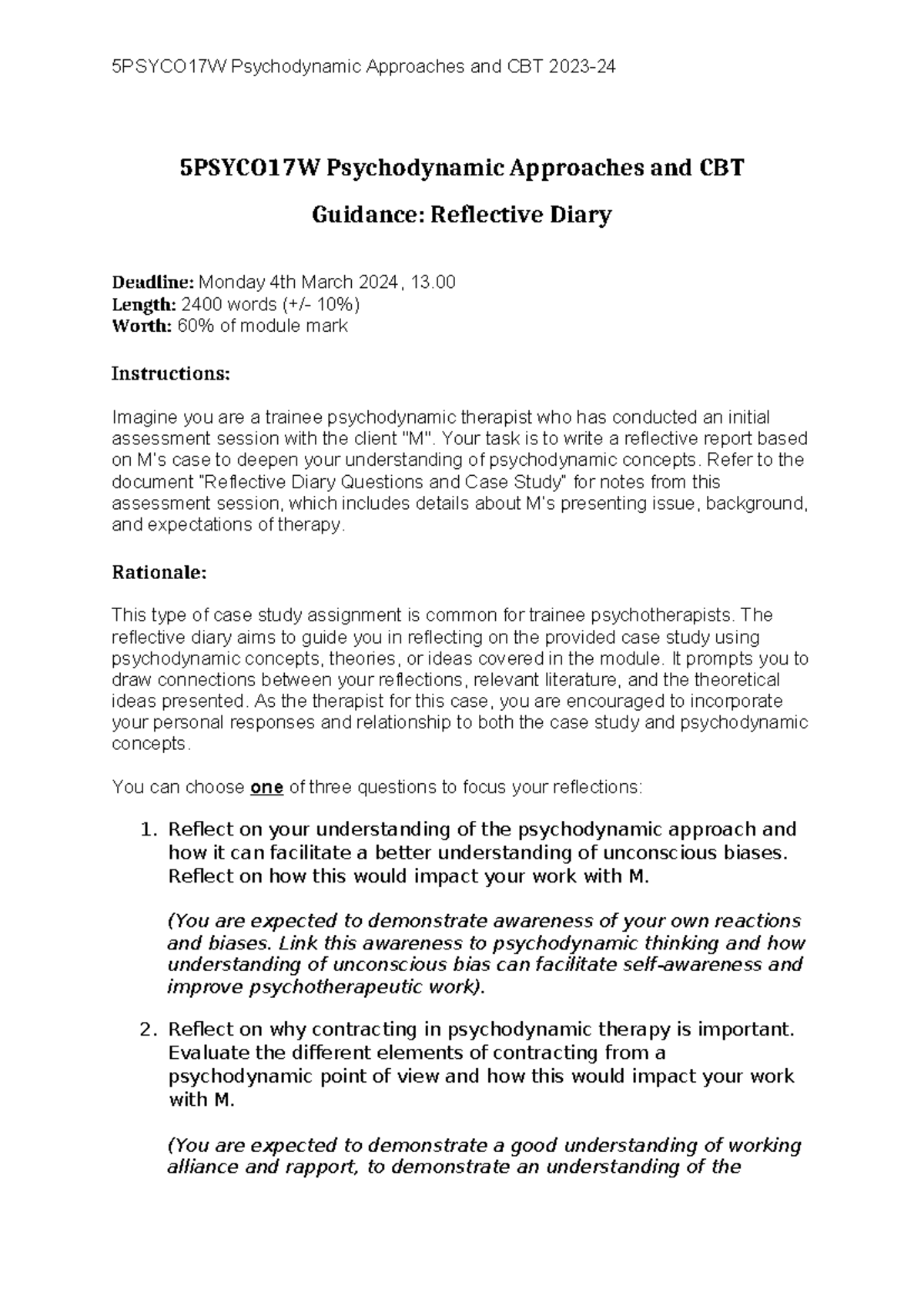 Reflective diary Guidance 23-24 - 5PSYCO17W Psychodynamic Approaches ...