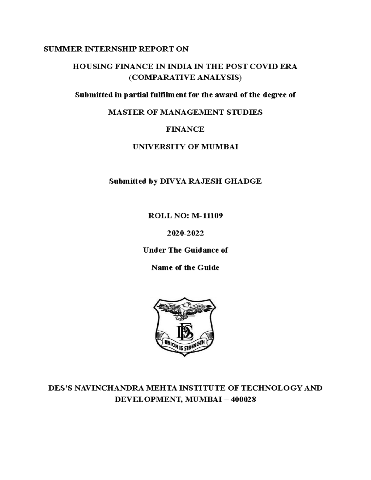 Summer Internship Report OF house finance in india in the post covid ...