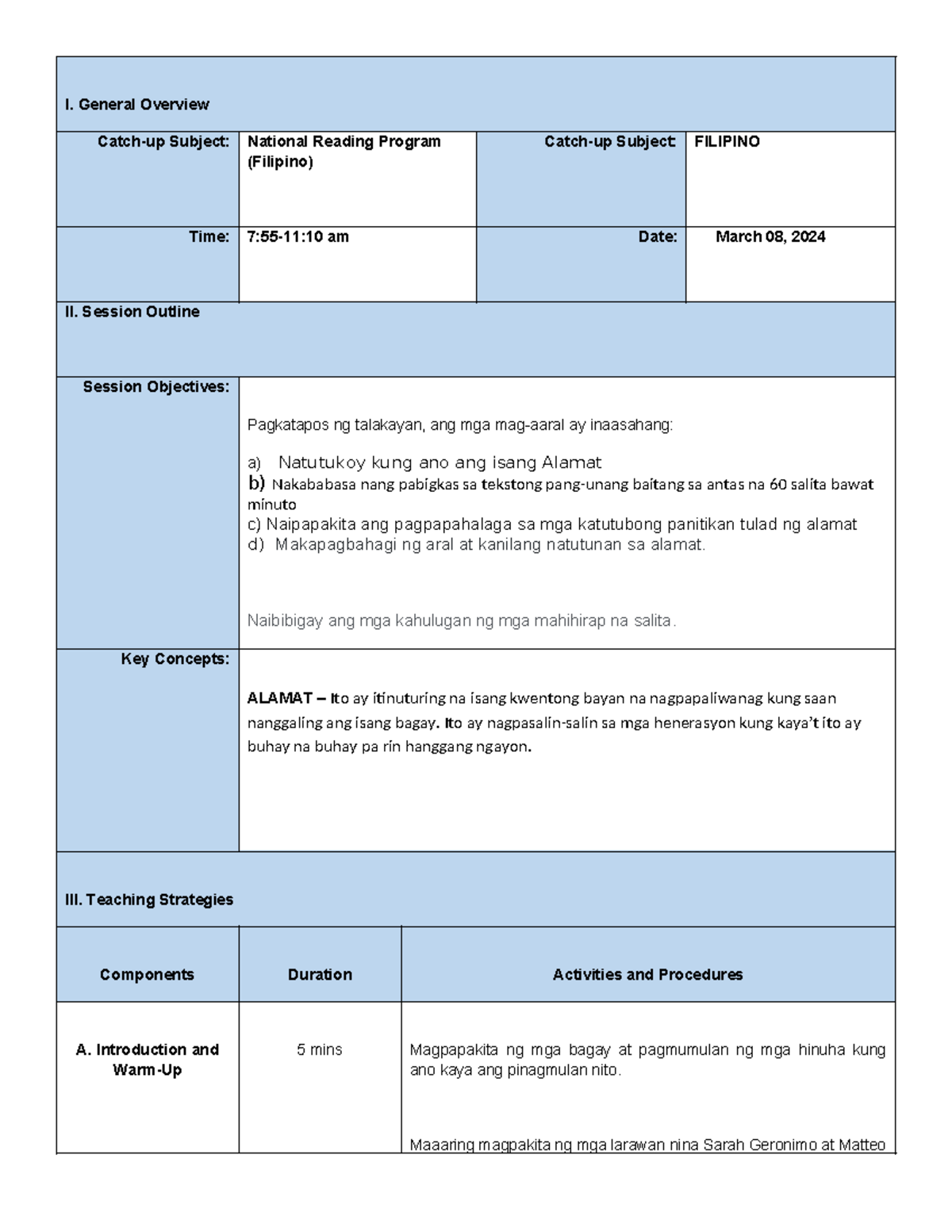 Catch Up Friday March 08 - I. General Overview Catch-up Subject ...