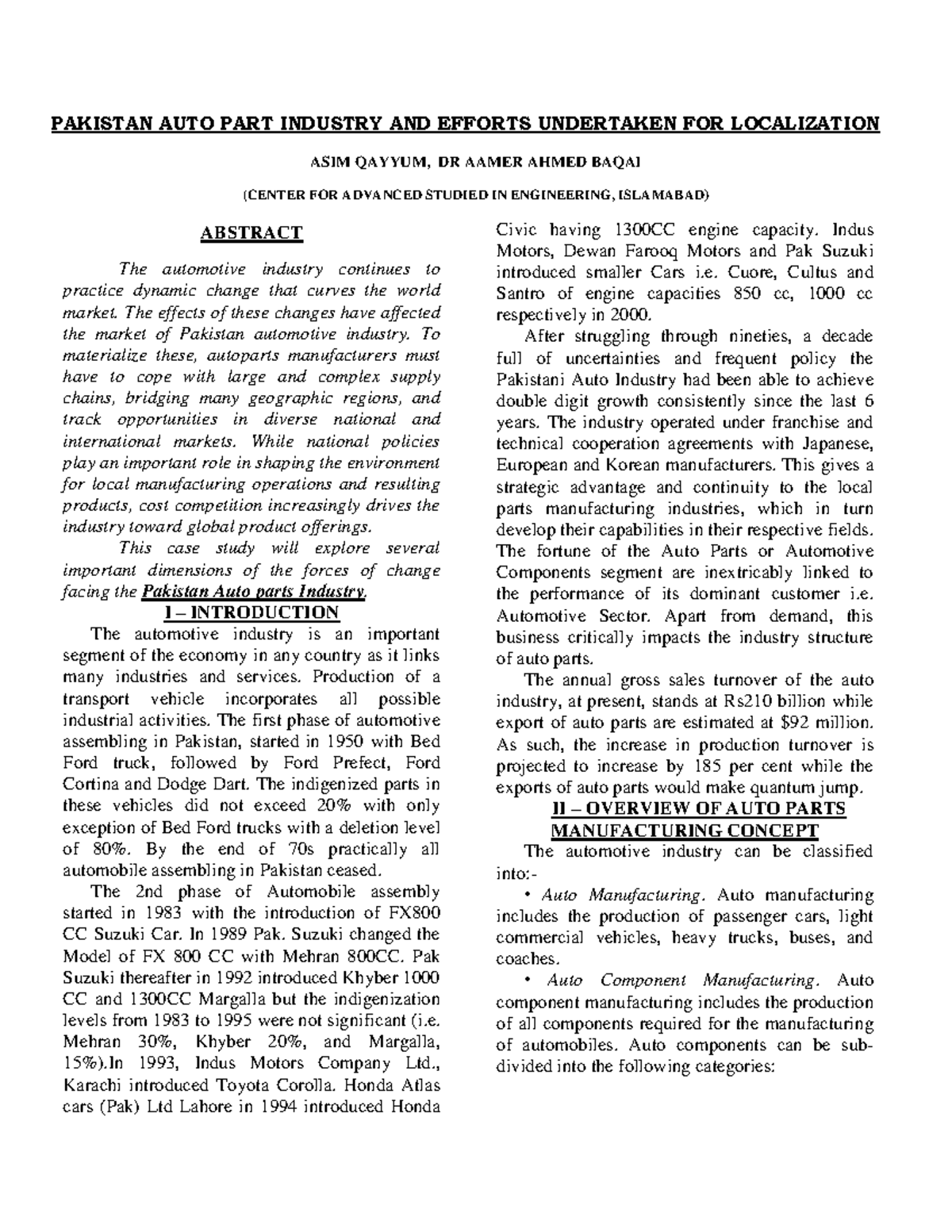 Pakistan AUTO PART Industry AND Efforts Undertaken FOR Localization ...