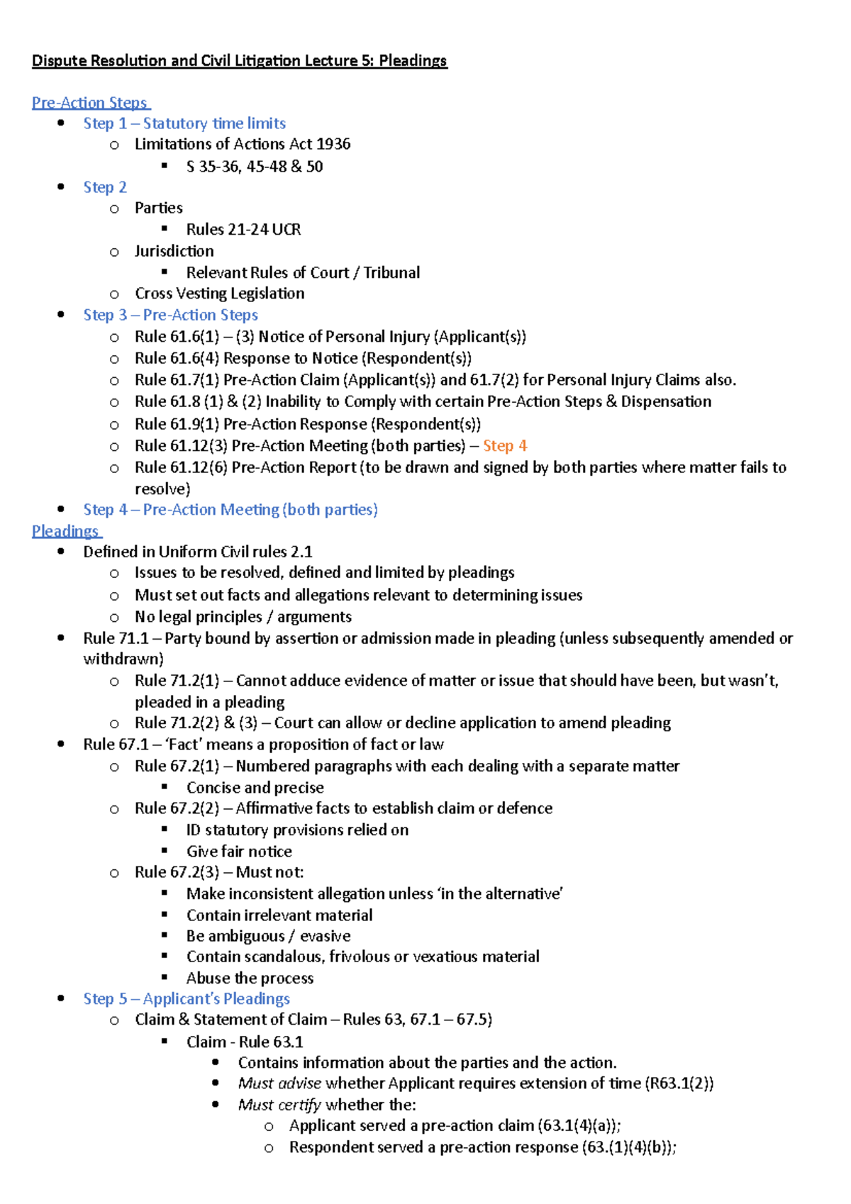 Lecture 5 Notes - Dispute Resolution and Civil Litigation Lecture 5 ...