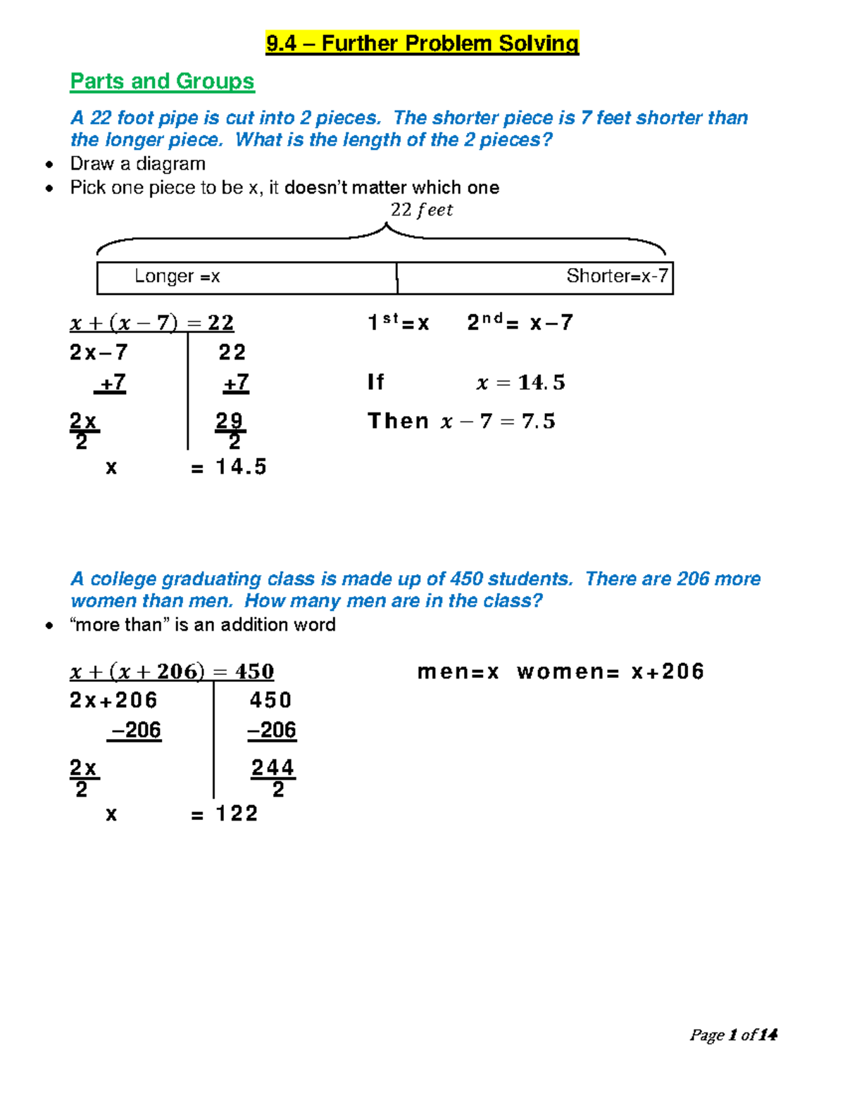 MAT 0028 Formulas Notes - 9 – Further Problem Solving Parts and Groups ...