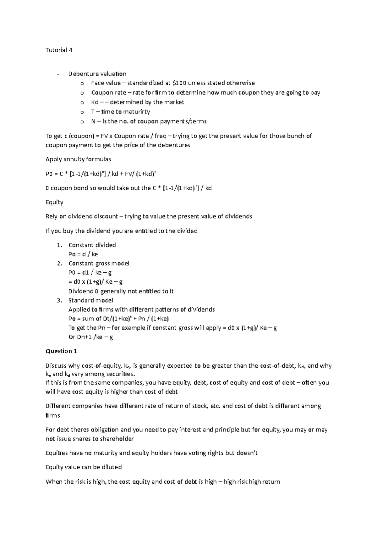 Tutrioal 4 - Tutorial 4 Work - Tutorial 4 Debenture valuation o Face ...