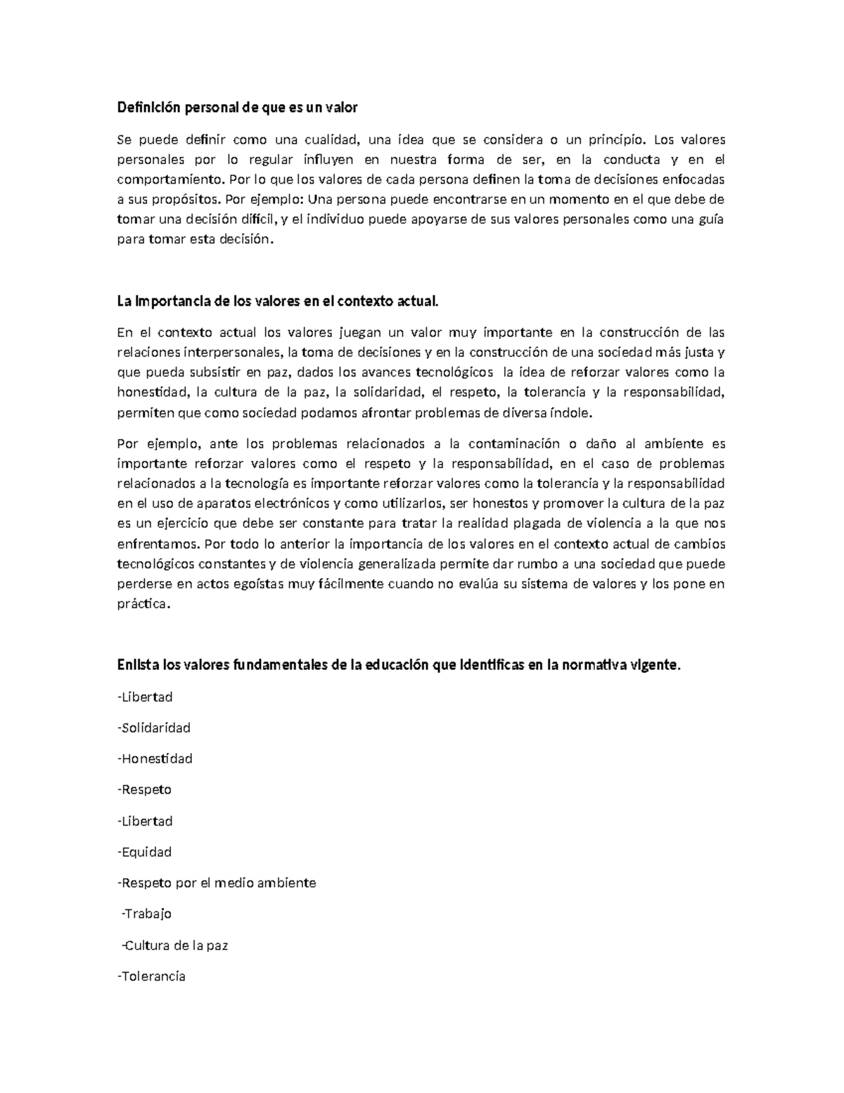 Valores - Definición personal de que es un valor Se puede definir como ...