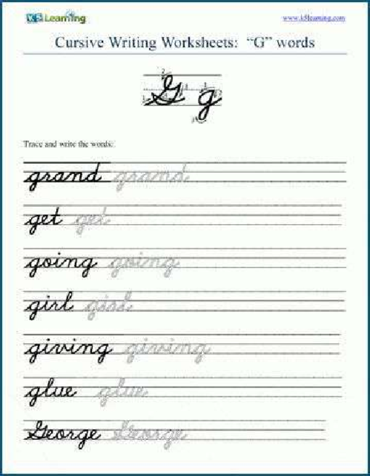 Cursive words starting with G K5 Learning - KE Learning Cursive Writing Worksheets: words Gg ...