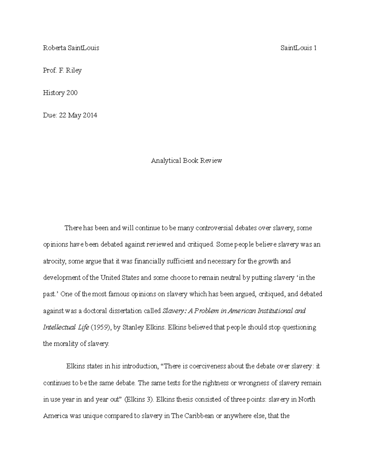 HIS 200 analytical book review - Roberta SaintLouis SaintLouis 1 Prof ...