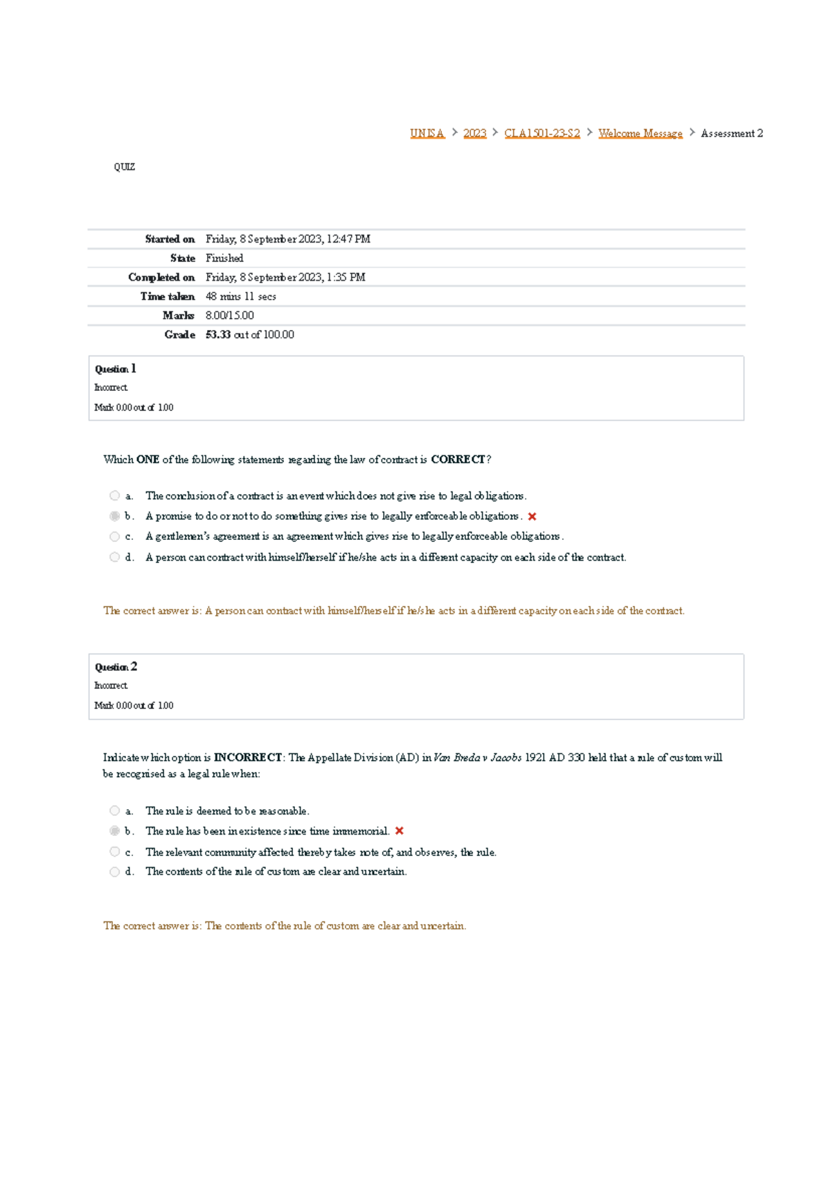 CLA Assessment 2 Attempt review - UNISA 2023 CLA1501-23-S2 Welcome ...