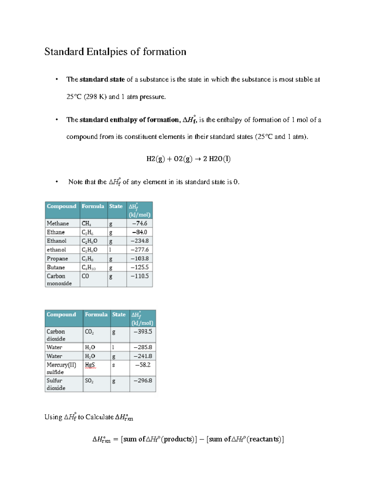 Standard Entalpies of formation - The standard enthalpy of formation ...