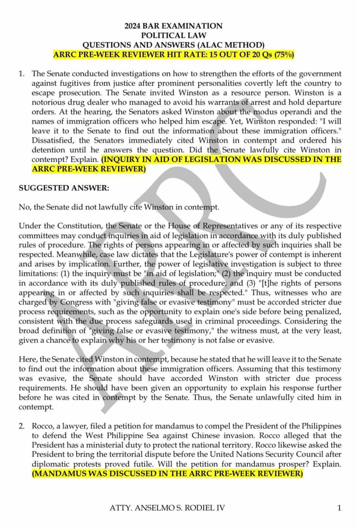 2024 Poli Suggested Answer ARRC - 2024 BAR EXAMINATION POLITICAL LAW QUESTIONS AND ANSWERS (ALAC ...