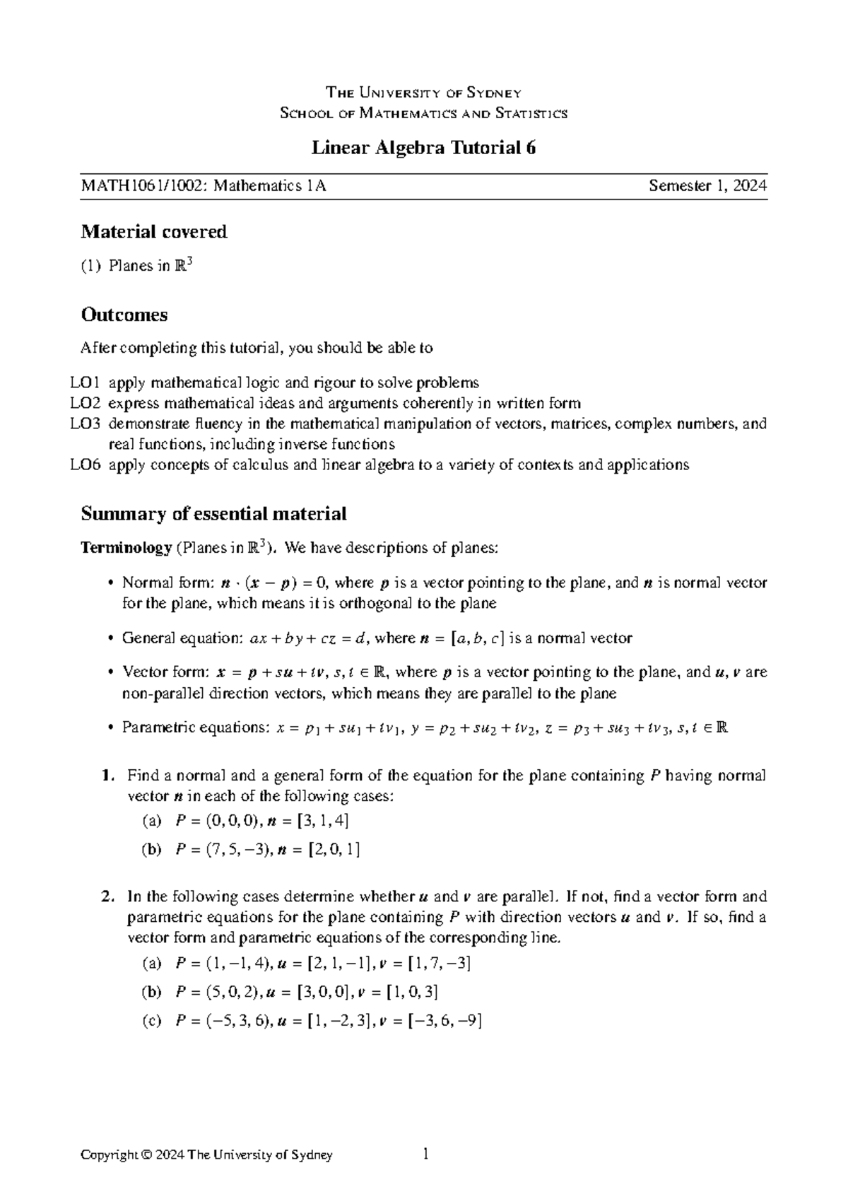 Linear algebra tutorial 6 - The University of Sydney School of ...