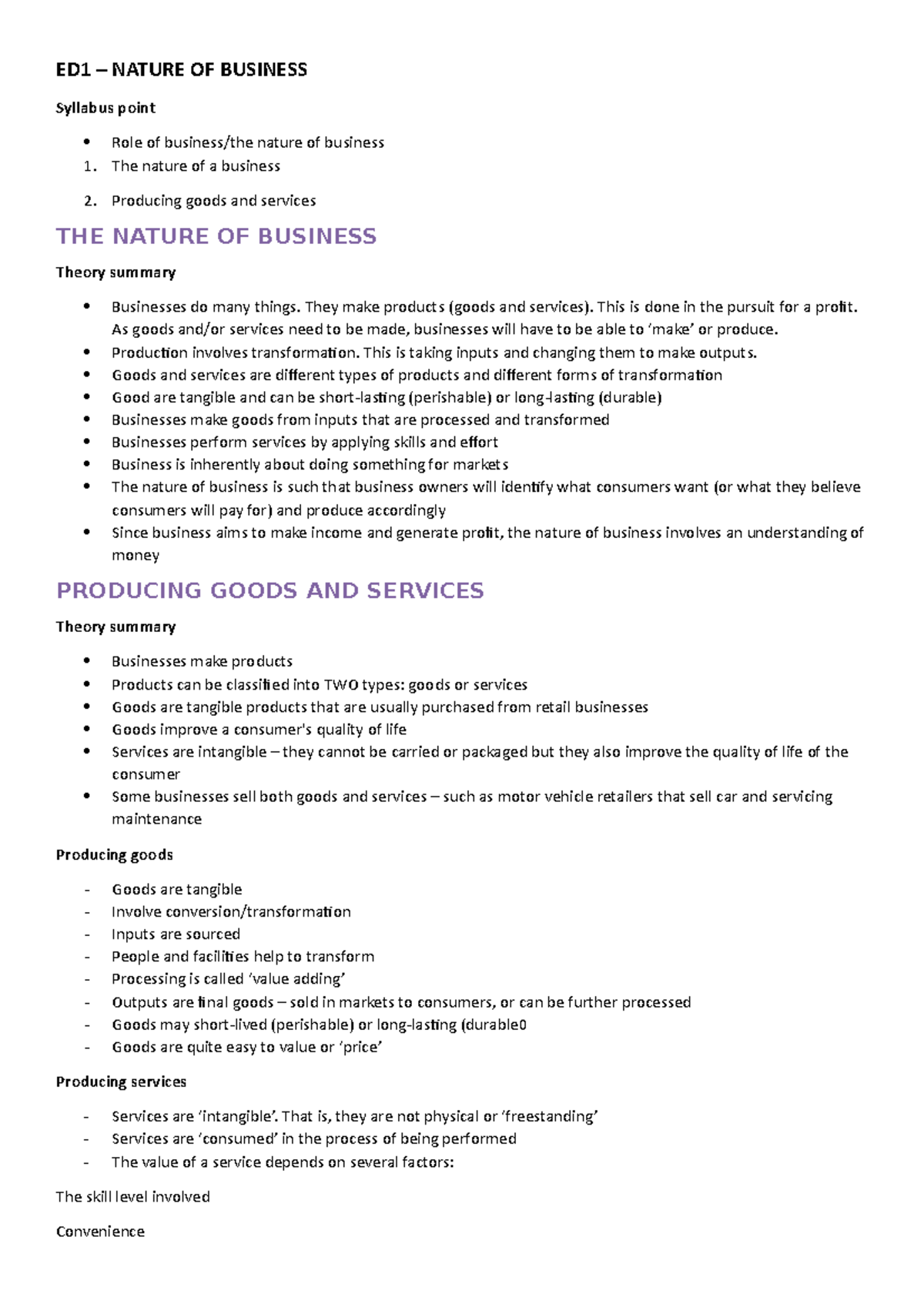 Business - ED1 – NATURE OF BUSINESS Syllabus point Role of business/the ...
