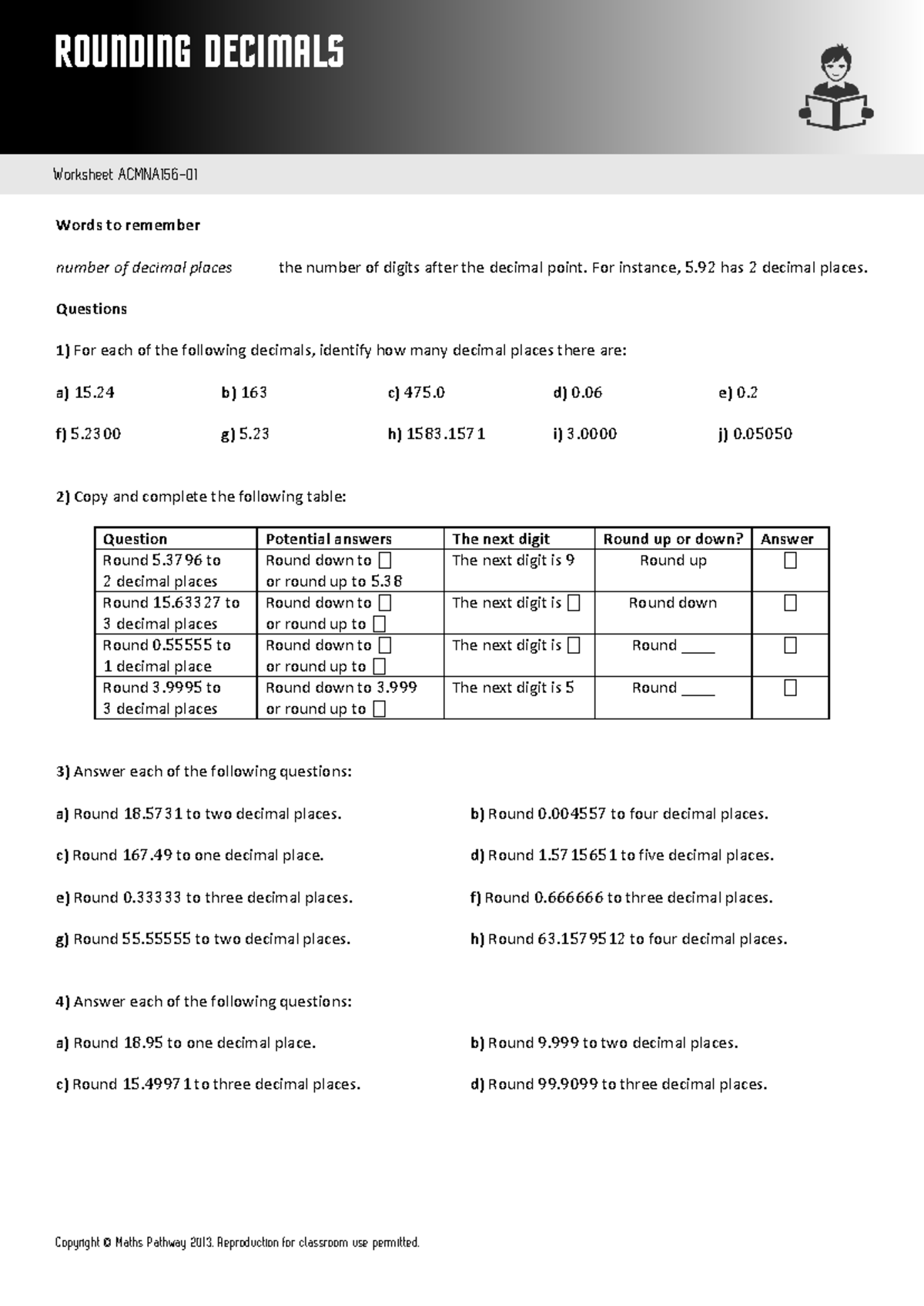 Rounding Decimals - math questions - Copyright © Maths Pathway 2013 ...