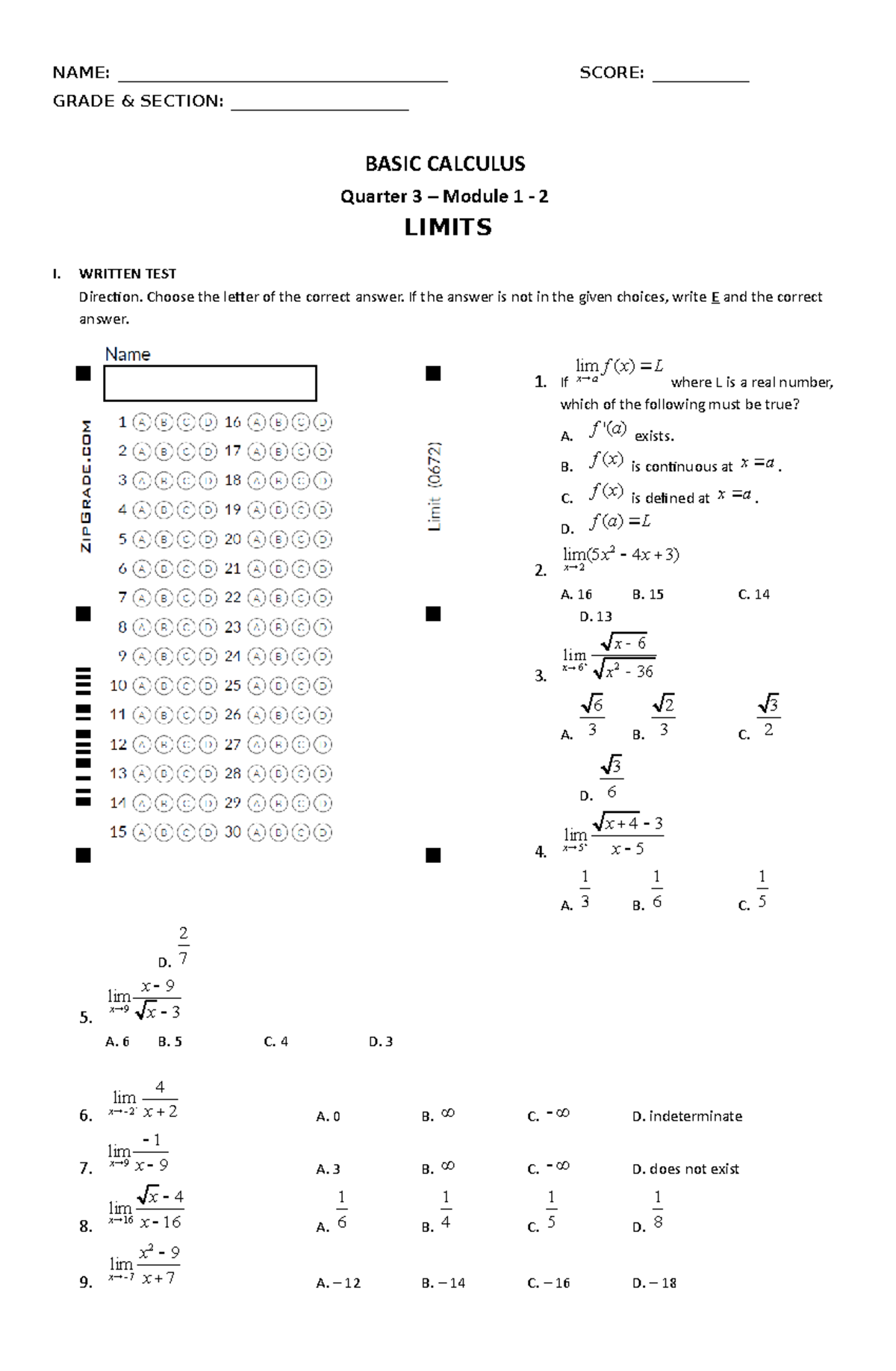 Basic Calculus Limits Activity Sheet - NAME ...