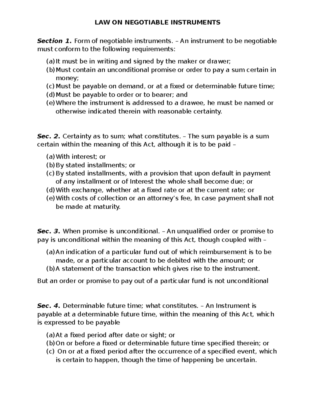 BAM 213 Section 1-12 - Section 1. Form of negotiable instruments. – An ...